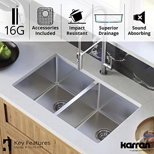 Karran 30" Undermount 16-Gauge Stainless Steel 50/50 Double Bowl Kitchen Sink Kit