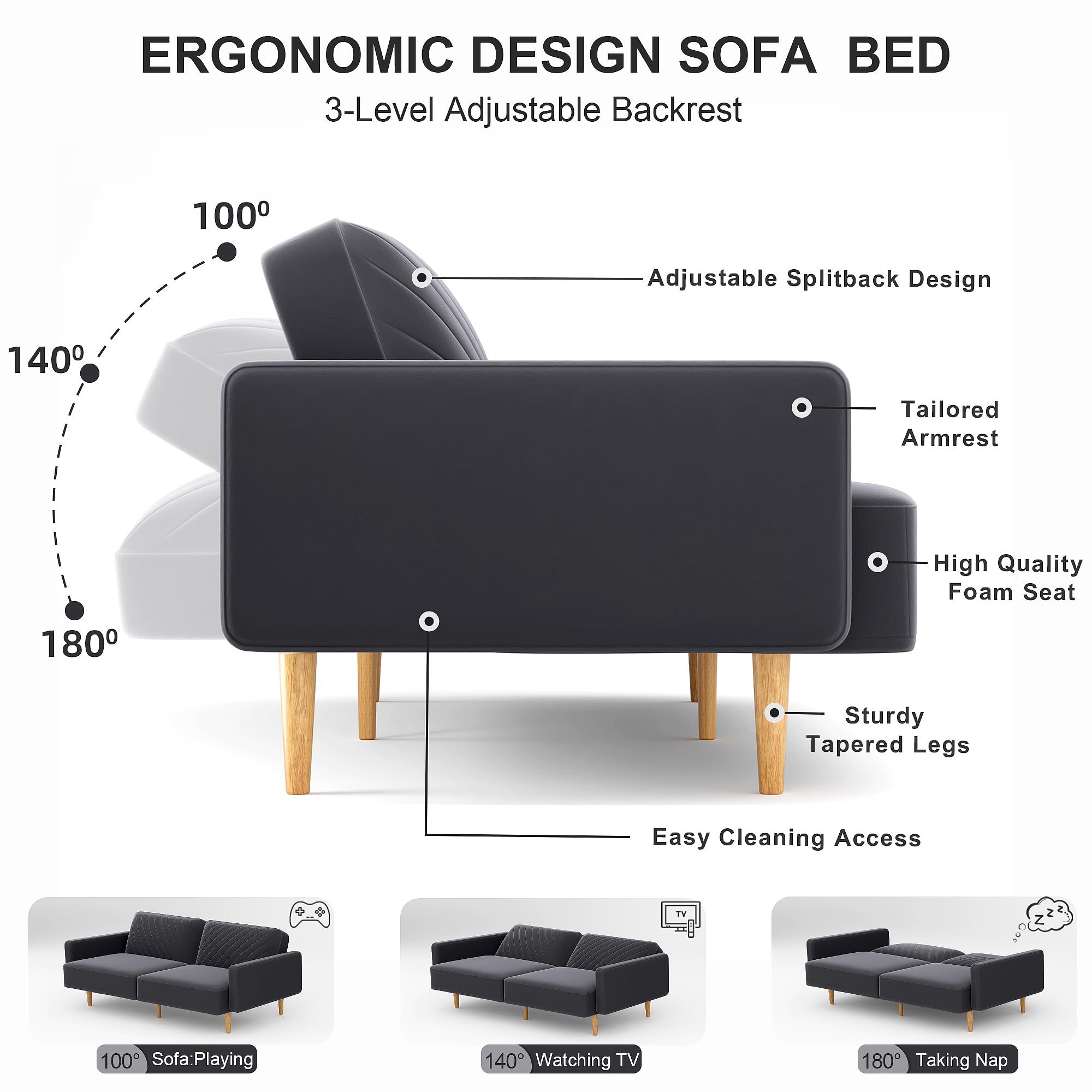 Outspurge Sofa Bed, 3 in 1 Convertible Sofa Bed, Modern Couch Bed with LVL Wood Frame, Love Seat, Couches for Living Room, Office & Bedroom (Light Grey Fabric)