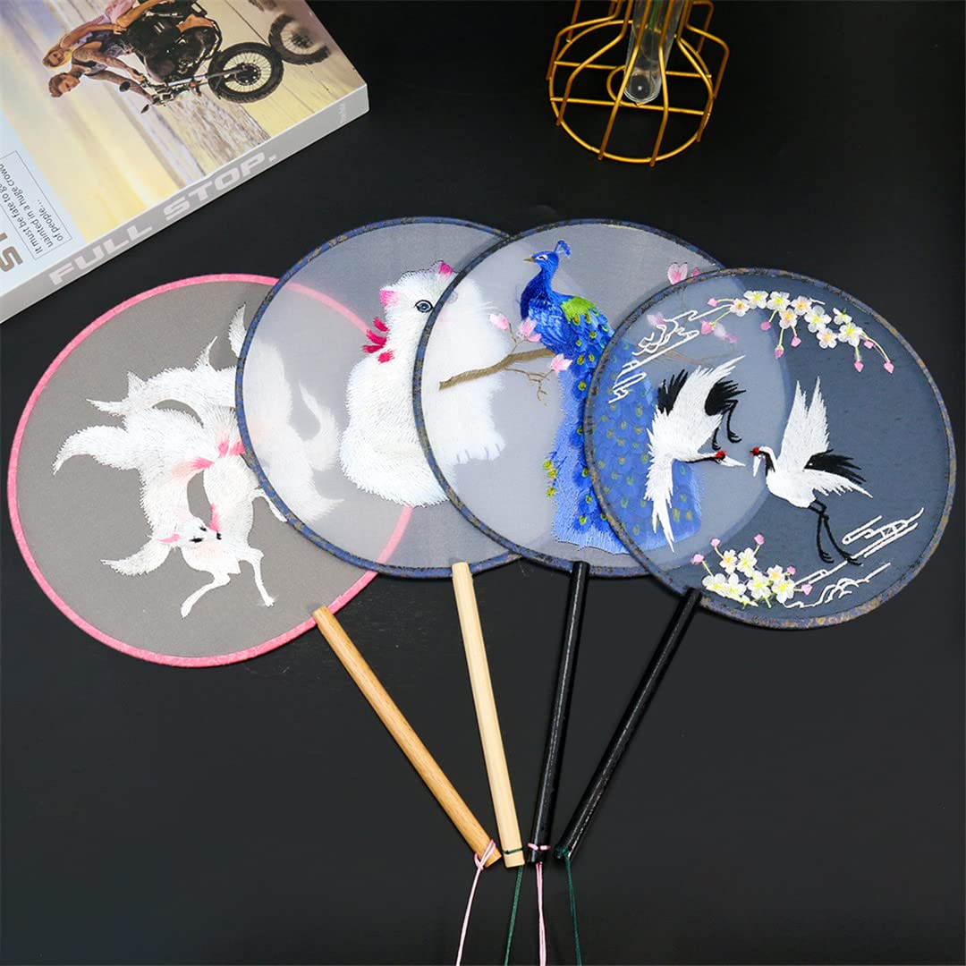 Lmtossey Chinese Fan Double-Sided Embroidery Peacock Kitten Animal Pattern Round Fan Ancient Costume Hanfu Cheongsam Decorative Crafts