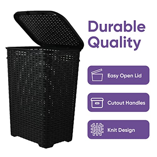 Laundry Hamper Basket With Lid 60 Liter -2 Pack Deluxe Wicker Style Black Color - 1.70 Bushel Bin With Cutout Handles To Storage Dirty Cloths in Washroom Bathroom, Or Bedroom. By Superio