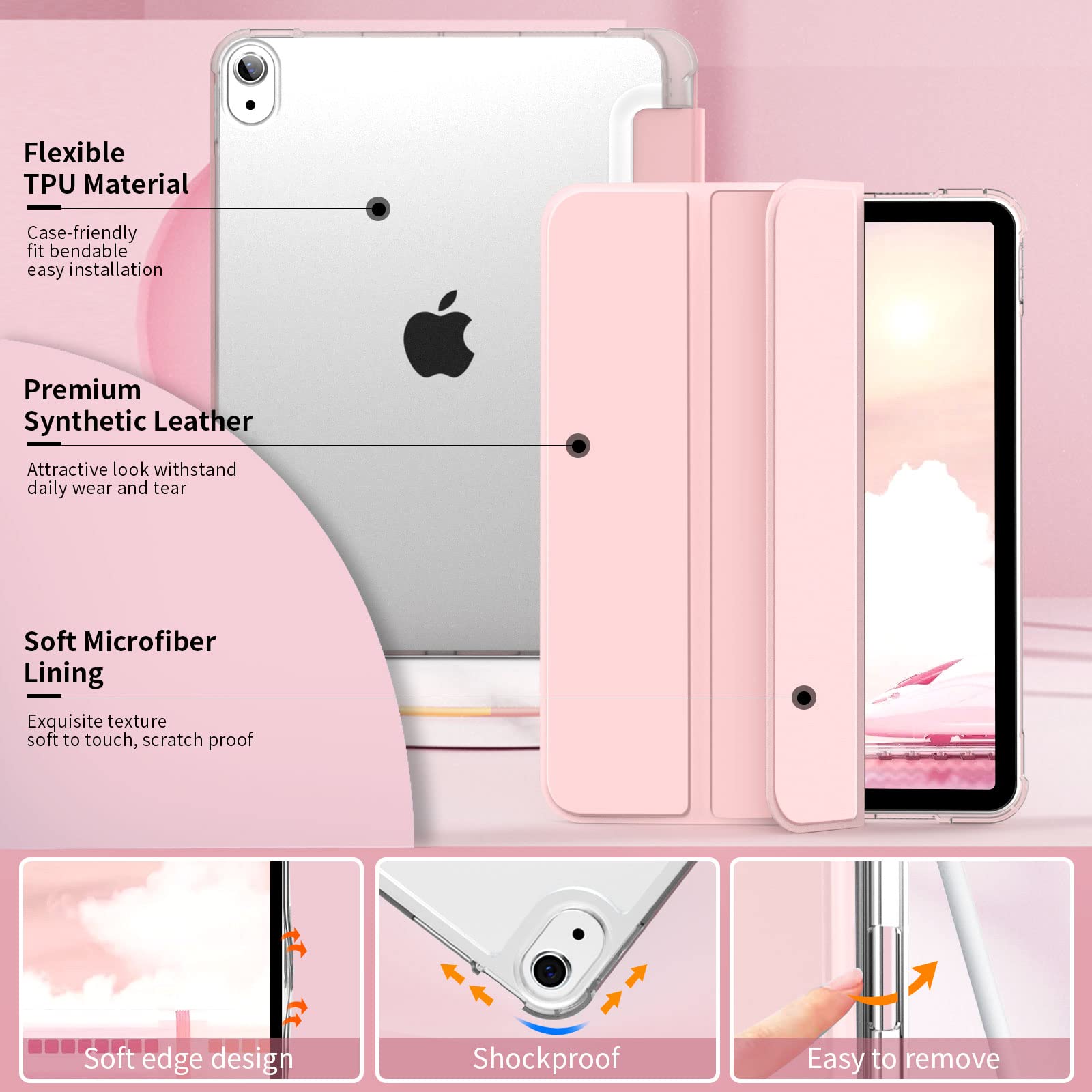 Kenke for iPad Air 6th Generation Case 11 inch (2024) iPad Air 5th Generation Case (2022) / iPad Air 4th Generation Case (2020) 10.9 Inch Case with Pencil Holder & Soft TPU Back Shell (Light Pink)