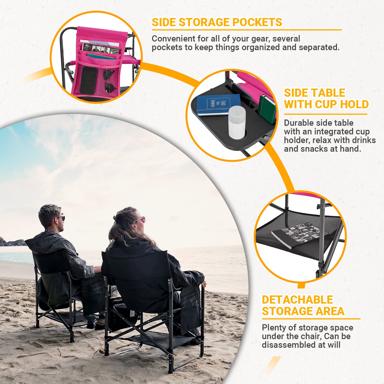 KingCamp Directors Side Table Heavy Duty Support 300LBS Adults with Pockets Outdoor Portable Folding Camp Chair for Beach, Fishing,Trip,Picnic,Lawn,Concert, Oversized, 1-Pink