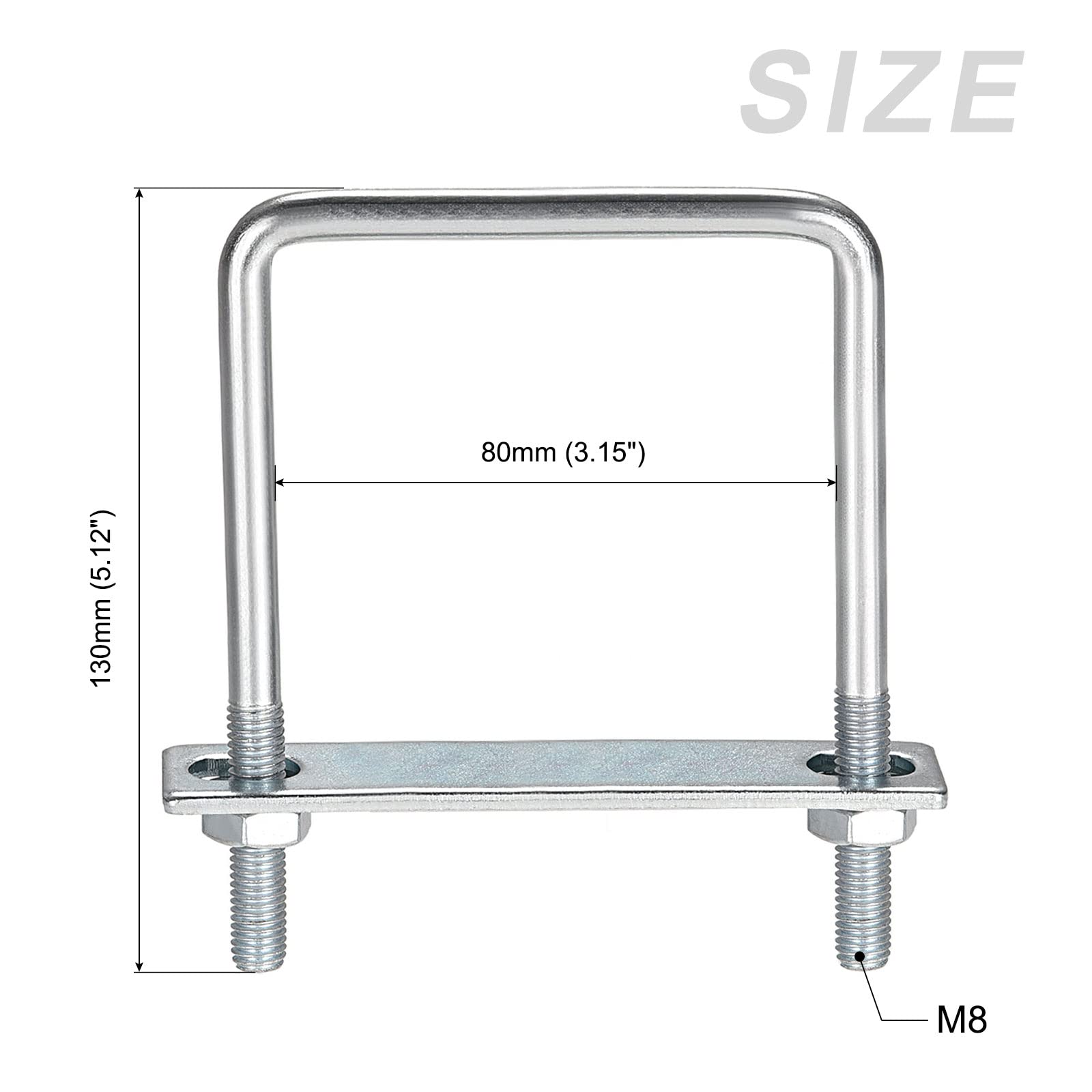 METALLIXITY U Bolts 2 Sets (M8x80x130mm), Square U Bolt Carbon Steel with Accessories - for Construction, Pipe