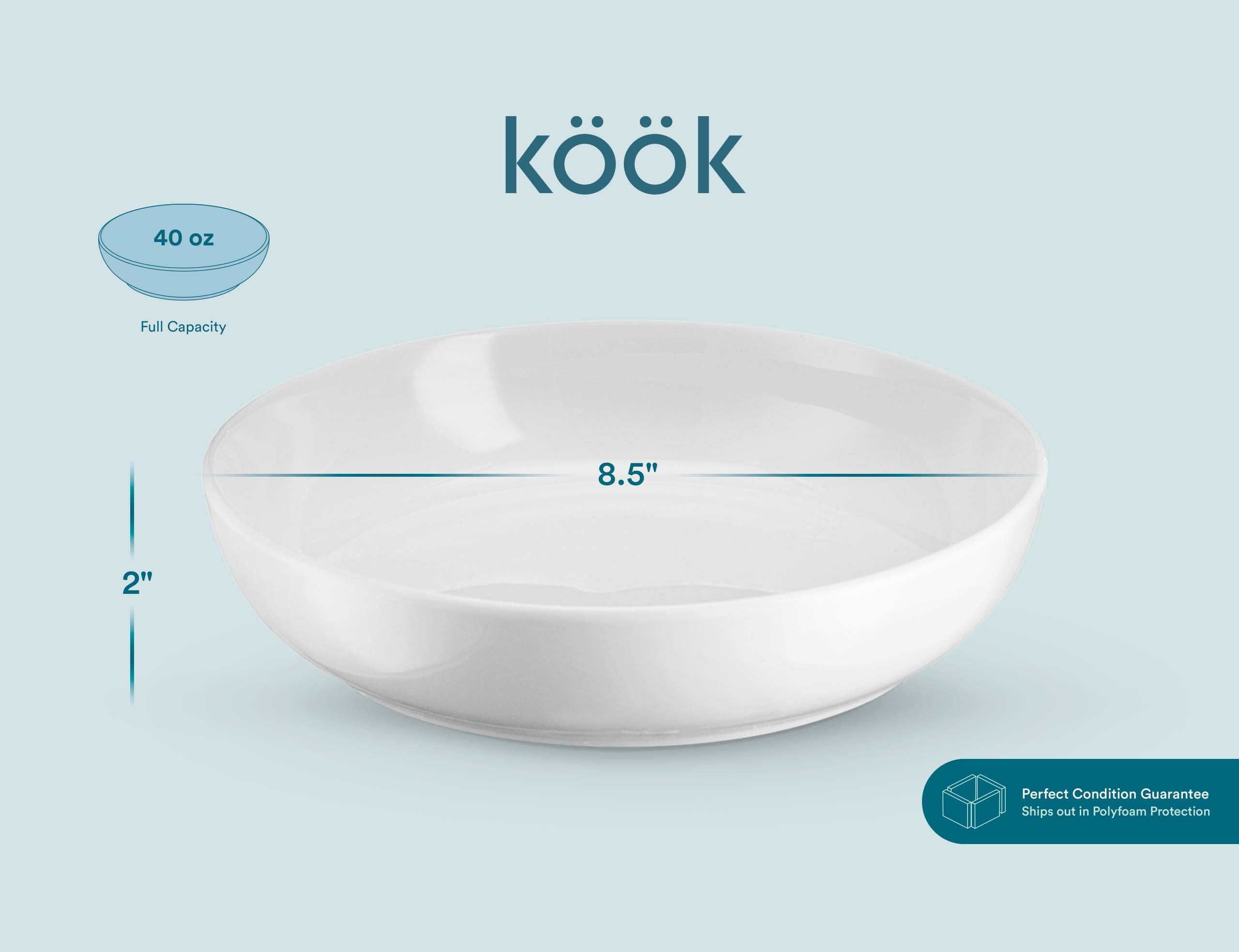 KooK Salad Bowl, Pasta Bowls, Soup, Serving Bowls, Ceramic, Large Capacity, Microwave & Dishwasher Safe, Set of 4, 40 Oz, (White)