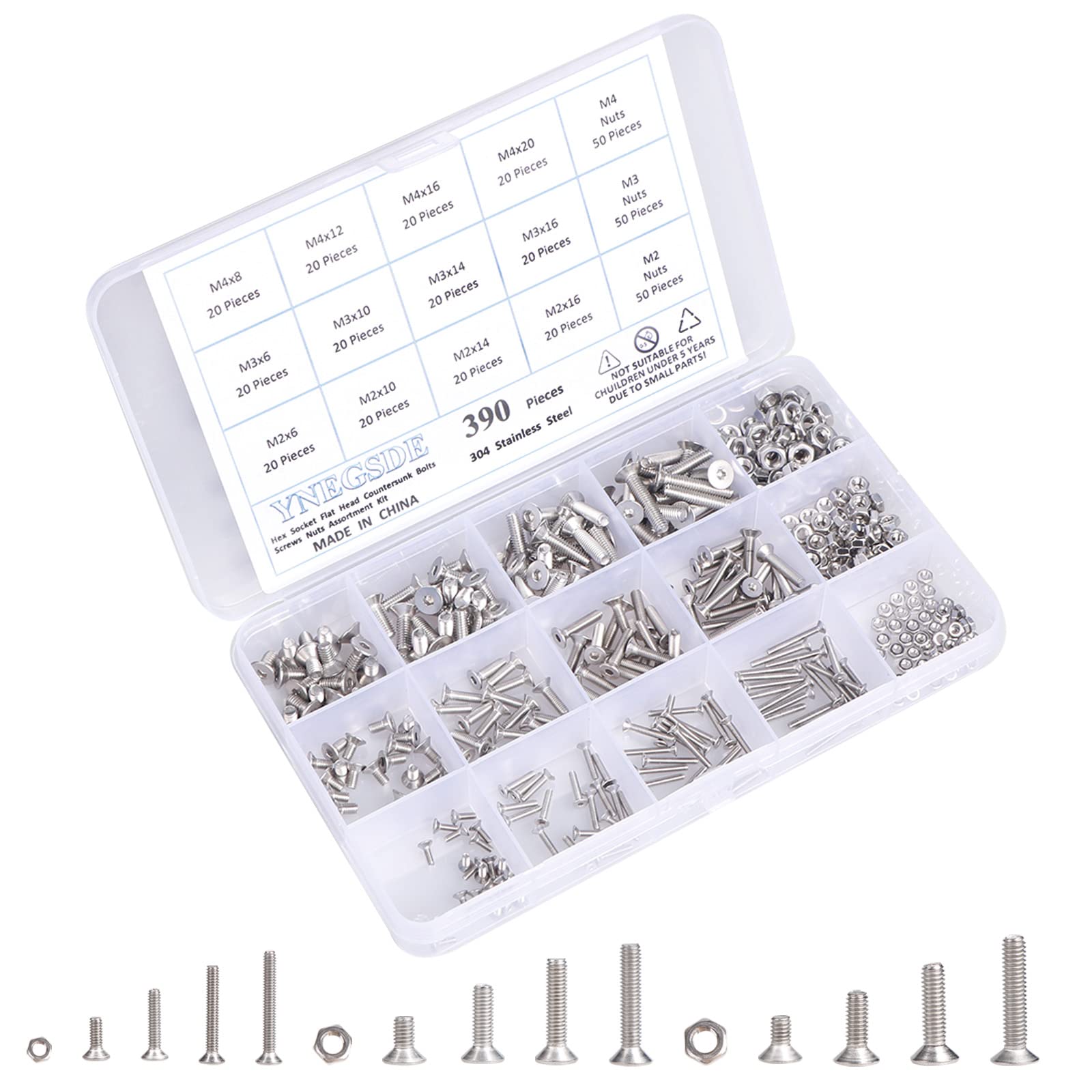 M2 M3 M4 Flat Head Hex Socket Cap Screws Bolts 390Pcs Countersunk Head Allen Hex Drive Machine Screws 304 Stainless Steel Nuts and Bolts Assortment Kit, Fully Threaded