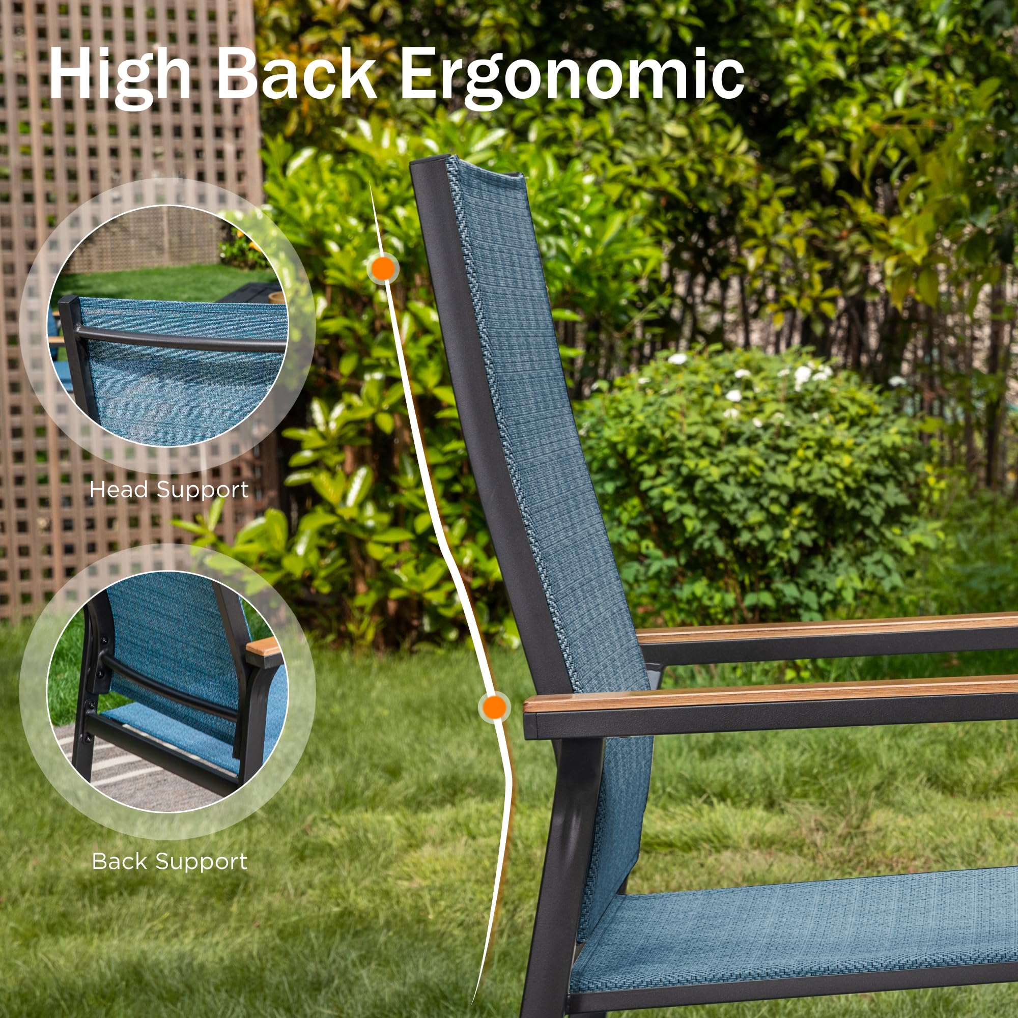 PHI VILLA Outdoor Stackable Dining Chairs Set of 2(Blue,Lightweight Aluminum Frame with Textilene Fabric & Wider Armrest,Easy to Store,Patio Chairs for Garden,Lawn