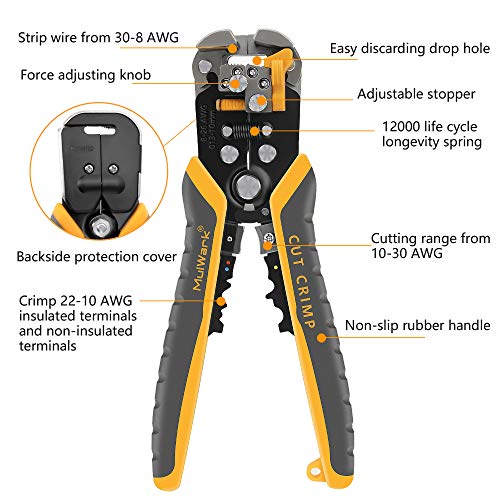 MulWark 3 in 1 Automatic Self Adjusting Wire Stripper/Cutter/Crimper, 8 Inch Multi Pliers For Electrical Wire Stripping, Cable Cutting, Crimping Tool from 8 AWG to 30 AWG