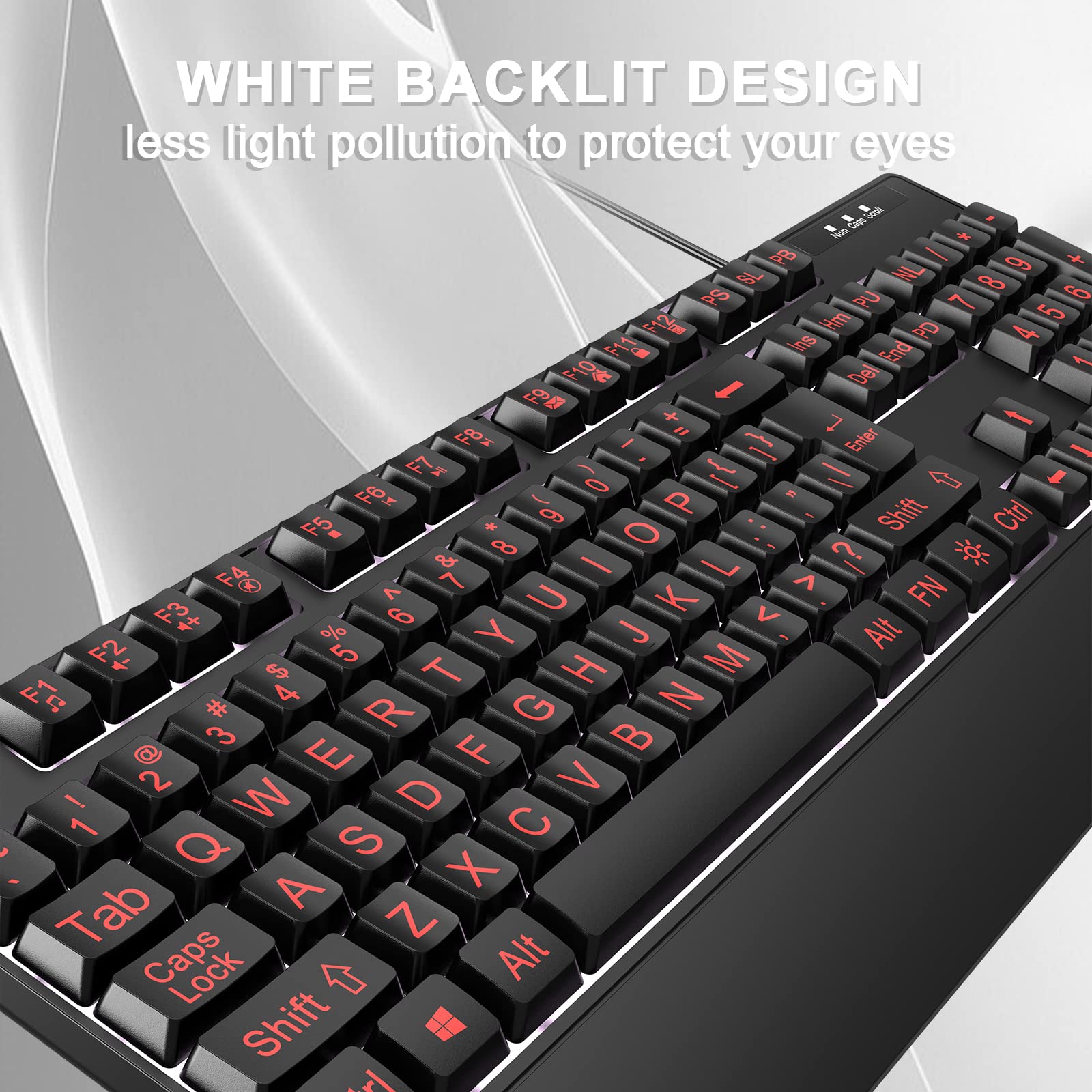 Large Print Keyboard Backlit, Wired USB High Contrast Keyboard, Full Size Large Font Print Keyboard with White Illuminated LED Compatible for Kids Elderly or Visually Impaired