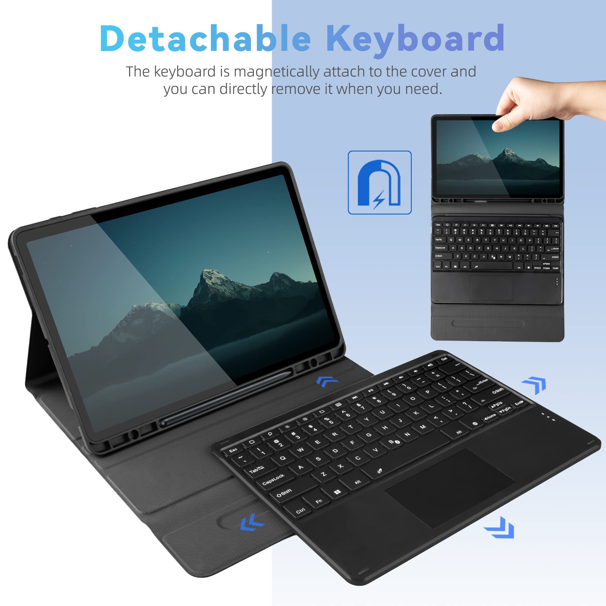 Keyboard Case with Touchpad for Samsung Tab S7 FE/ S7 Plus/ S8 Plus 12.4 Inch, 7 Colors Backlight, Stand Cover with Detachable Bluetooth Keyboard, Trackpad for Galaxy Tab S8+/ S7+ / S7 FE 12.4", Black