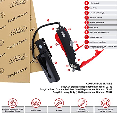 Modern Box Cutter, extra tape cutter at back, dual side edge guide, 3 blade depth setting, 2 blades and holster - Red Color 2000