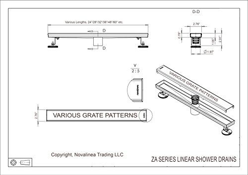 Novalinea - 54 Inch Linear Shower Drain with Tile Insert Grate, Includes Hair Strainer and Leveling Feet, 2 Inch Center Outlet, 304 Stainless Steel