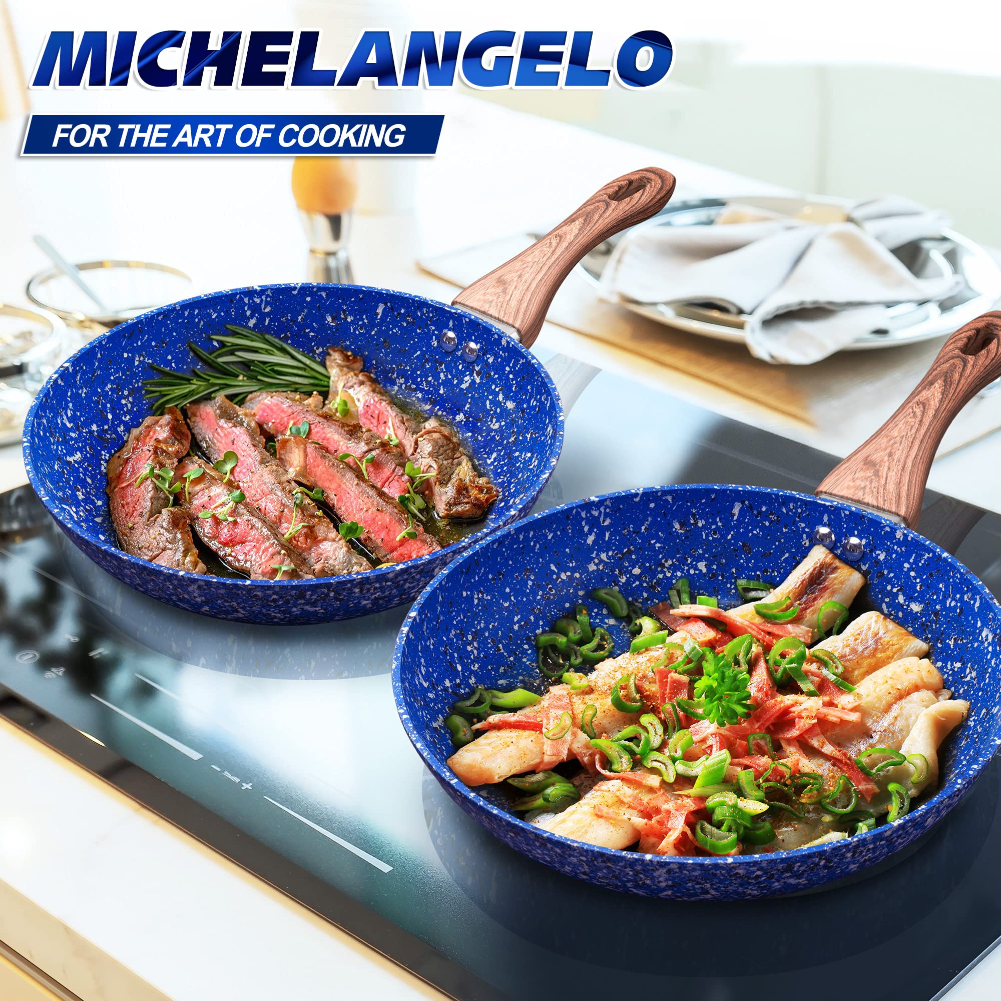 MICHELANGELO Frying Pan Set with Lid, 9.5" & 11" Fry Pan Set with APEO & PFOA-Free Stone-Derived Interior, Nonstick Frying Pans, Granite Fry Pans, Nonstick Skillets Set, Induction Compatible