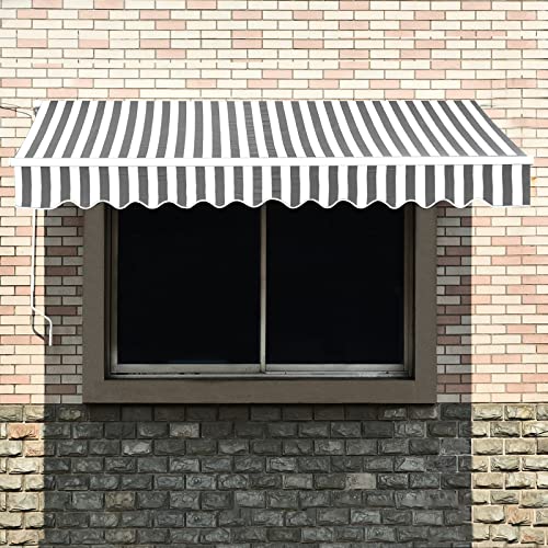 MCombo 13x8 Feet Manual Retractable Patio Door Window Awning Sunshade Shelter Outdoor Canopy (Grey with White Stripes)