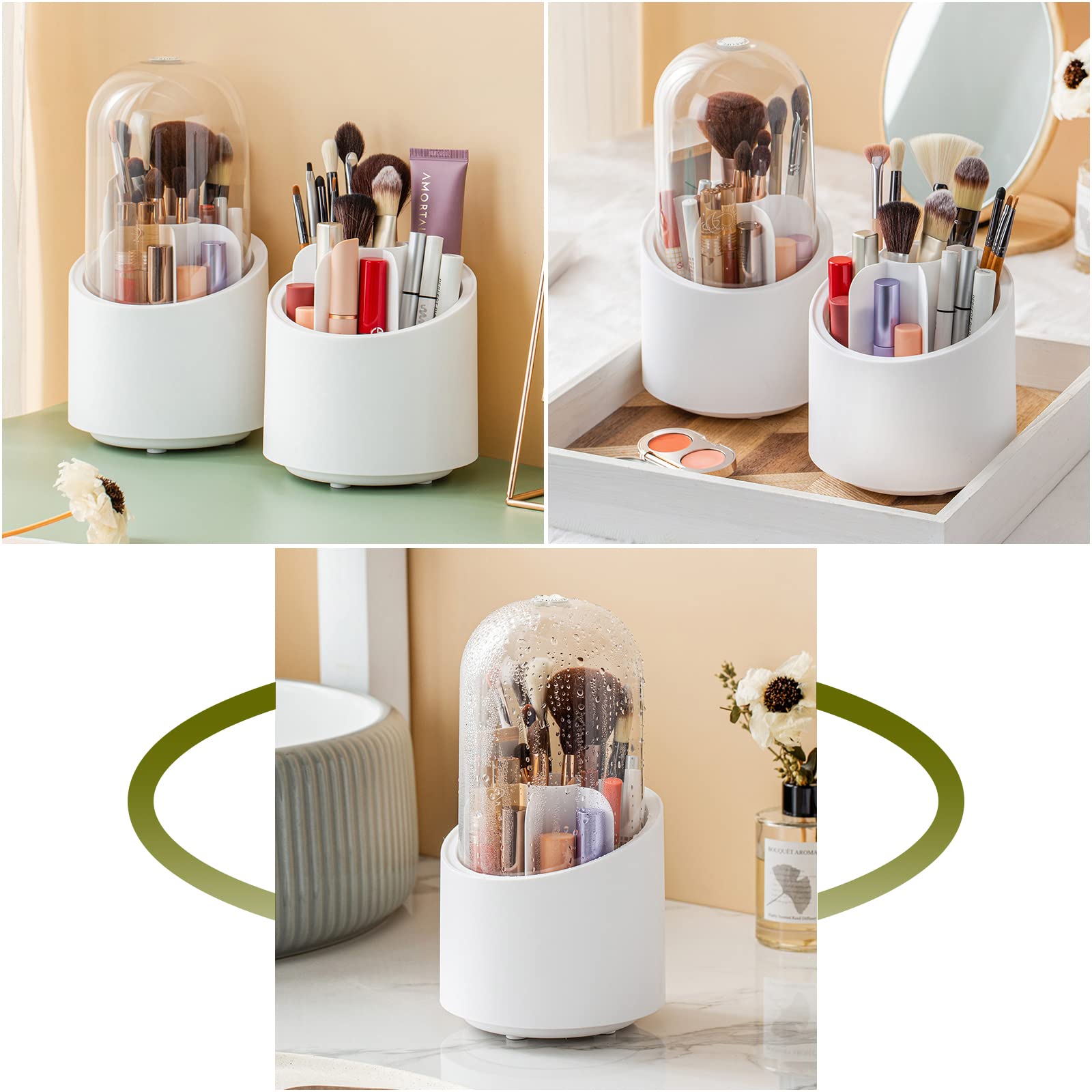 Myskuasin Makeup Brush Holder with Lid, Rotatable Clear Acrylic Makeup Brush Organizer Cup 5x5x9.25 inch, Makeup Container Storage