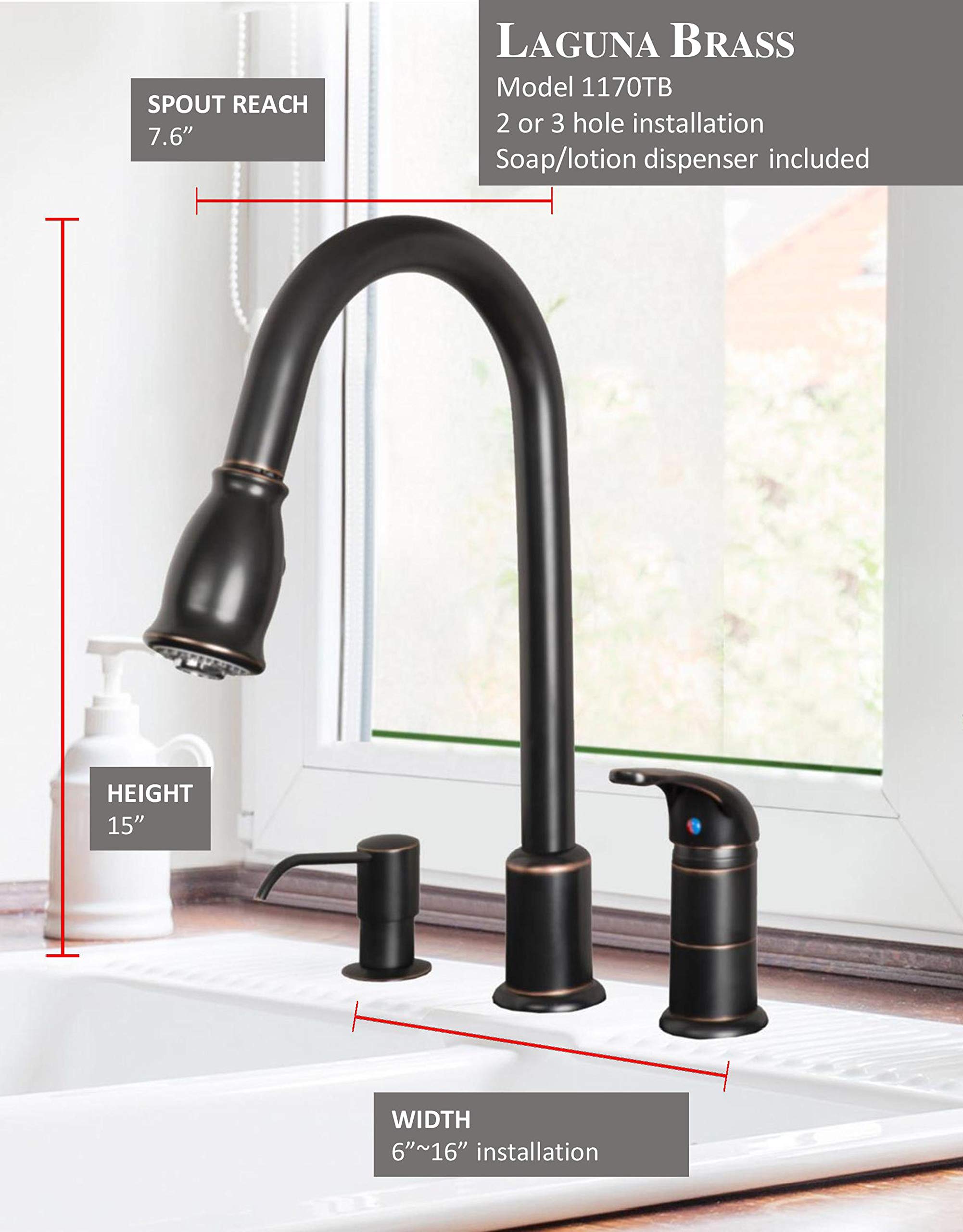 Laguna Brass 1170TB Designer Single Handle Pull-Down Kitchen Faucet with Soap/Lotion Dispenser, 16", Oil Rubbed Bronze Finish