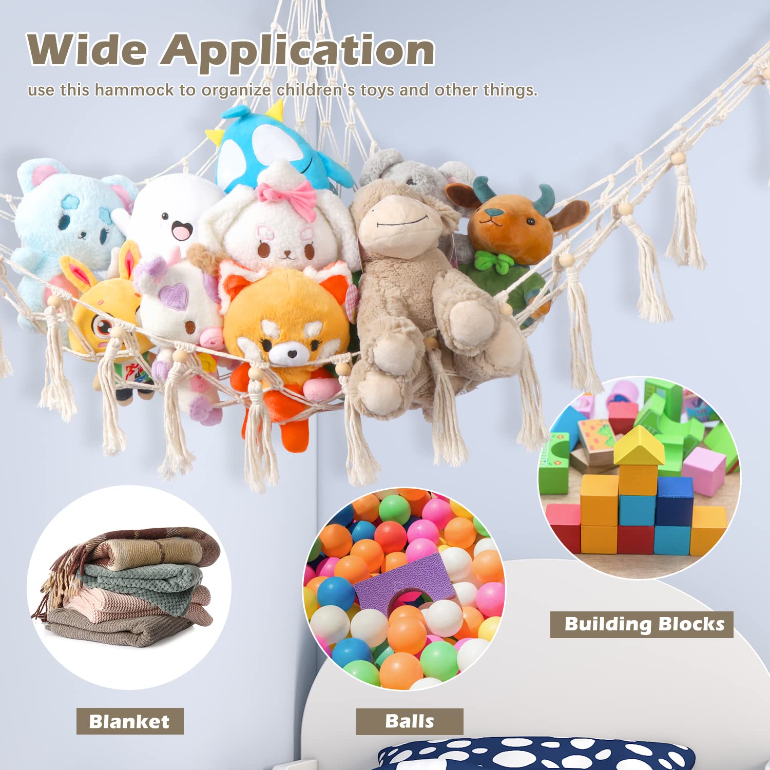 Large Stuffed Animal Hammock with LED Light, Stuffed Animal Net for Toy Storage and Wall Decor, Hanging Corner Net Holder with Hooks, Plush Macrame Toy Hammock Organizer for Nursery Playroom Bedroom