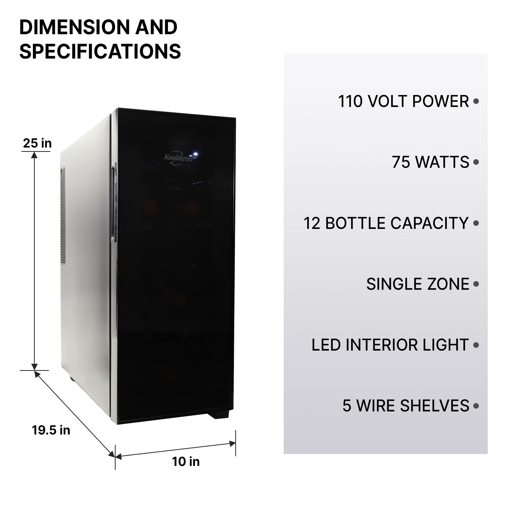Koolatron 12 Bottle Wine Cooler, Black, Thermoelectric Wine Fridge, 1 cu. ft. (28L), Freestanding Wine Cellar, Red, White and Sparkling Wine Storage for Small Kitchen, Apartment, Condo, RV