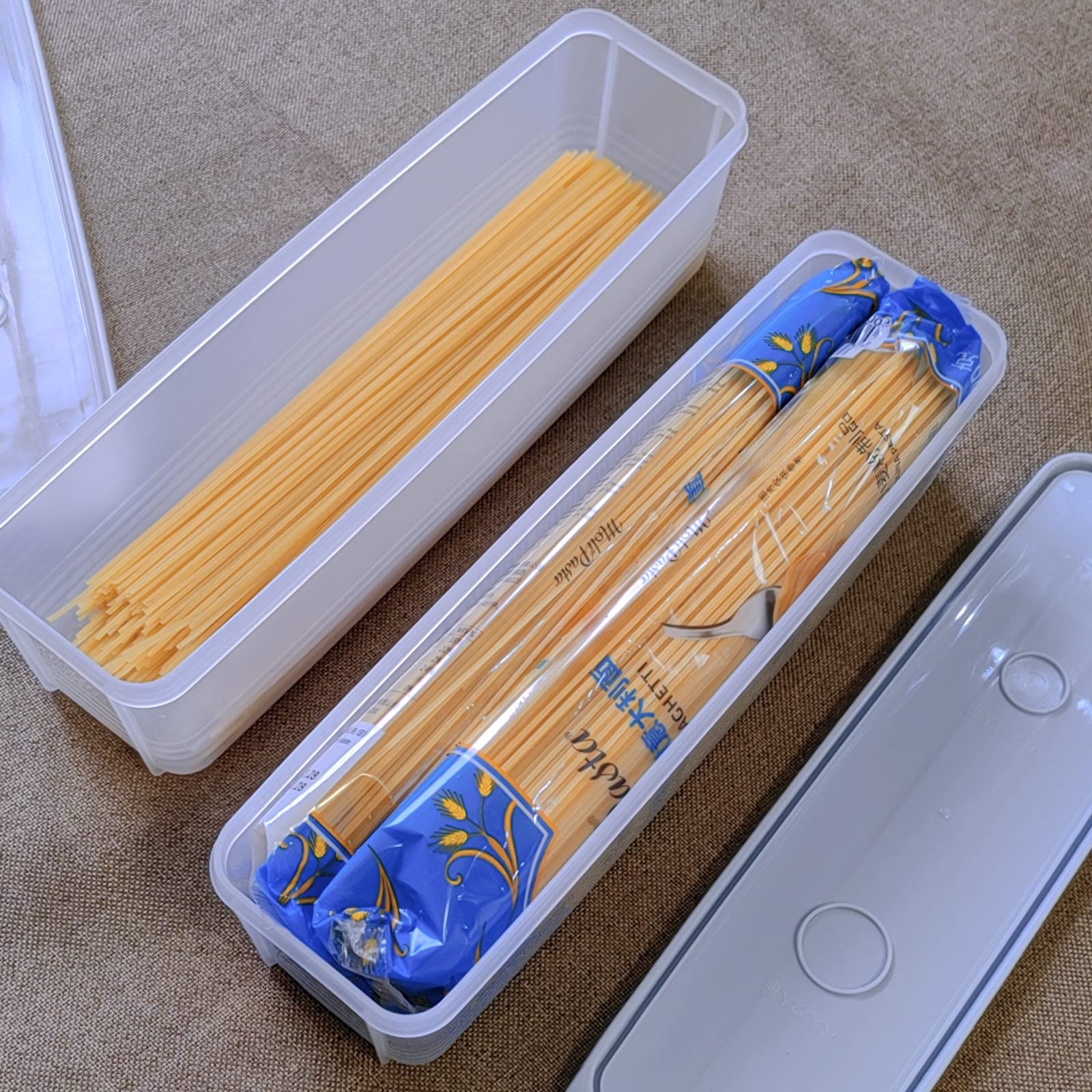 HYMAOME 2Pcs Spaghetti Container Pantry Storage Dispenser Clear Pasta Box Horizontal Food Storage Long Stackable Containers for Long Pasta, Noodles, Pantry Snacks