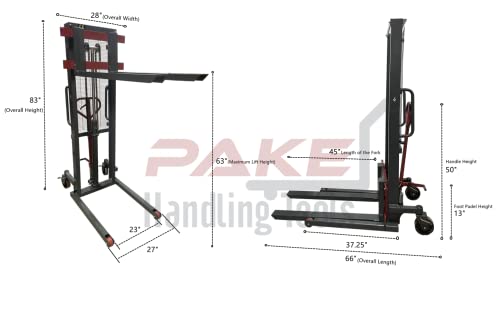 Pake Handling Tools Manual Stacker Hand/Foot Pump Lift Truck - Compact and Easy to Use Hydraulic Lift - 2200 lbs Capacity for Skid/Single Sided Pallet