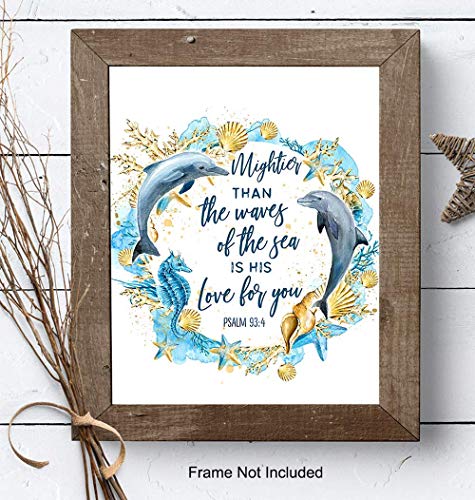 Ocean Dolphins Bible Verse Religious Wall Art - Inspirational Quote Christian Scripture Room Decoration for Bathroom, Bedroom - Nautical Beach House Poster - Mightier Than the Waves Blue Wall Decor
