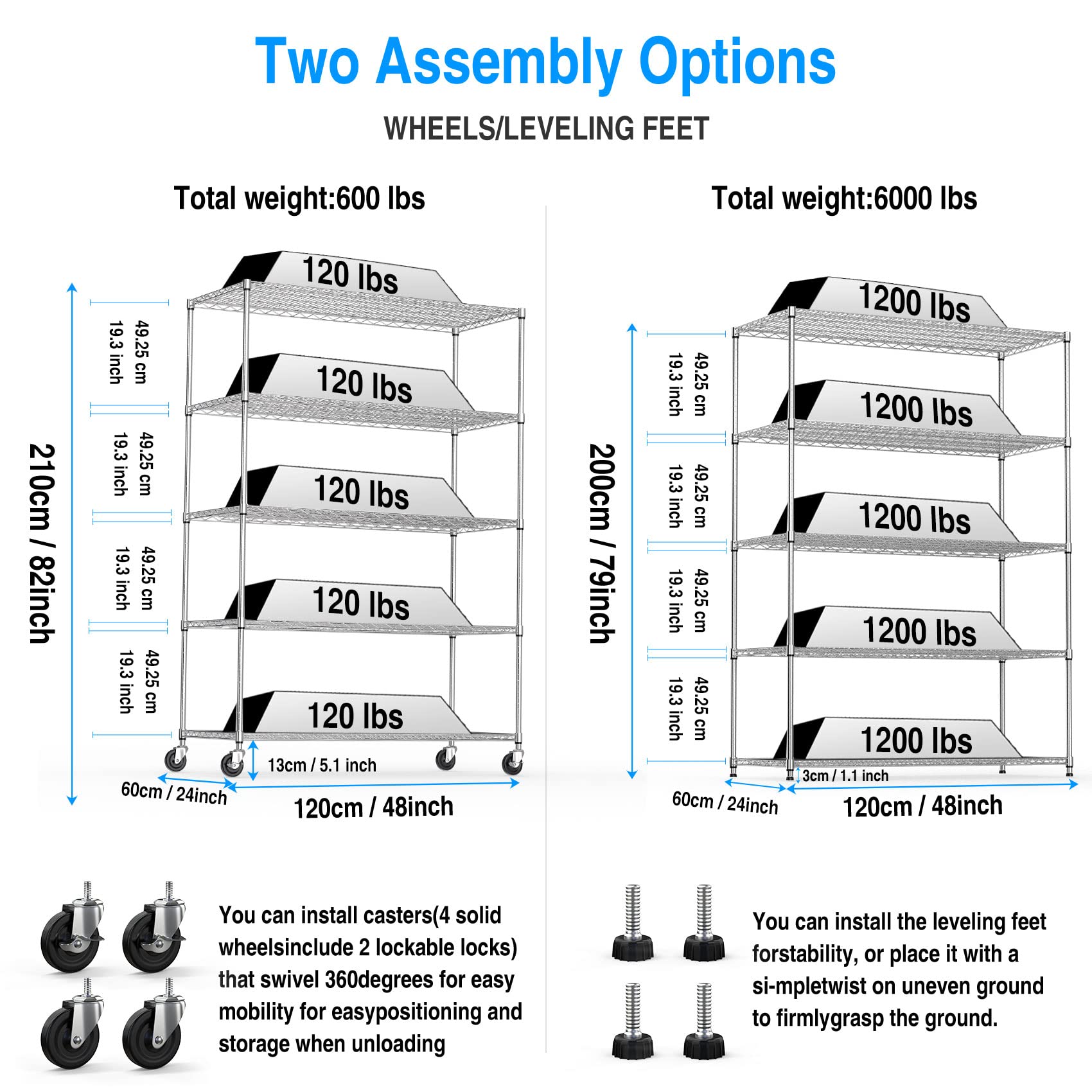 pouseayar 5 Tier 6000lbs Capacity NSF Metal Shelf Wire Shelving Unit, Heavy Duty Adjustable Storage Rack with Wheels & Shelf Liners for Commercial Grade Utility Steel Rack, 82" H x 48" L x 24" D
