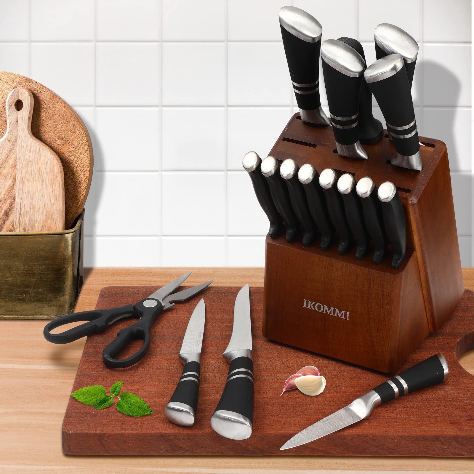 Knife Sets, IKOMMI Knife Set with Block, 23 Piece Chef Knife Set with Block for Kitchen, German High-Carbon Stainless Steel Kitchen Knife Block Set with Sharpener & 8 Steak Knives
