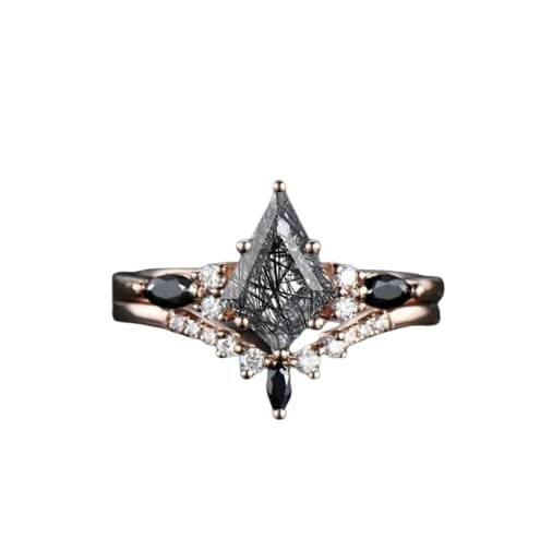 kite cut Black rutilated quartz ring rose gold silver engagement ring set for women moissanite ring marquise cut black spinel promise ring (WHITE GOLD, 6)