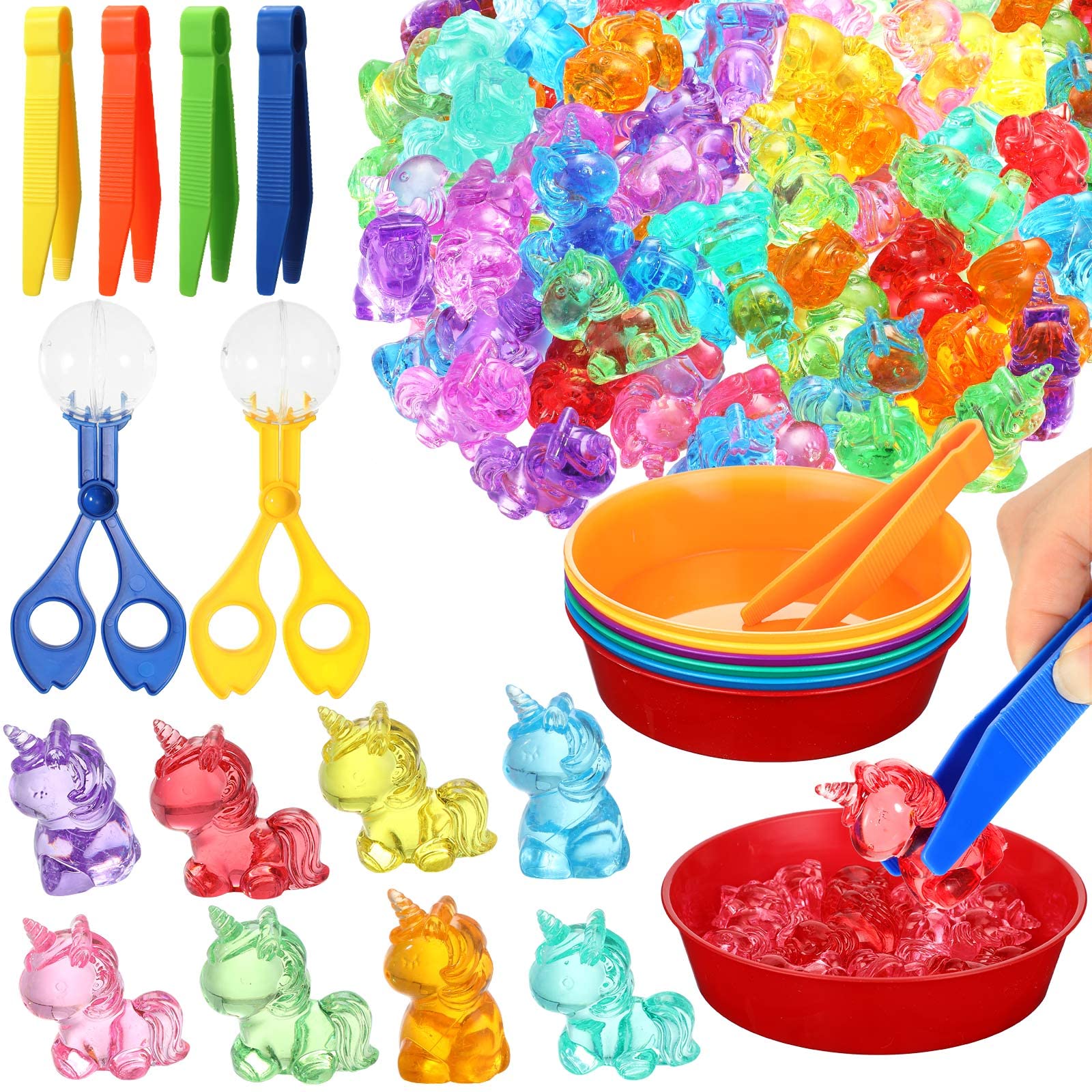 Leitee 62 Pcs Fine Motor Toys Counting Sorting Sensory Bin Filler, 50 Unicorn Acrylic Beads 4 Tweezers 2 Scissors Clips 6 Cups for Boys Girls Early Education and Sorting Counting Training Development