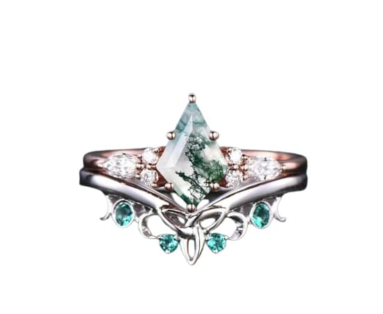 Kite shaped moss agate ring for women vintage unique green moss agate engagement ring set 14k rose gold emerald ring moissanite wedding set (rose gold, 5)