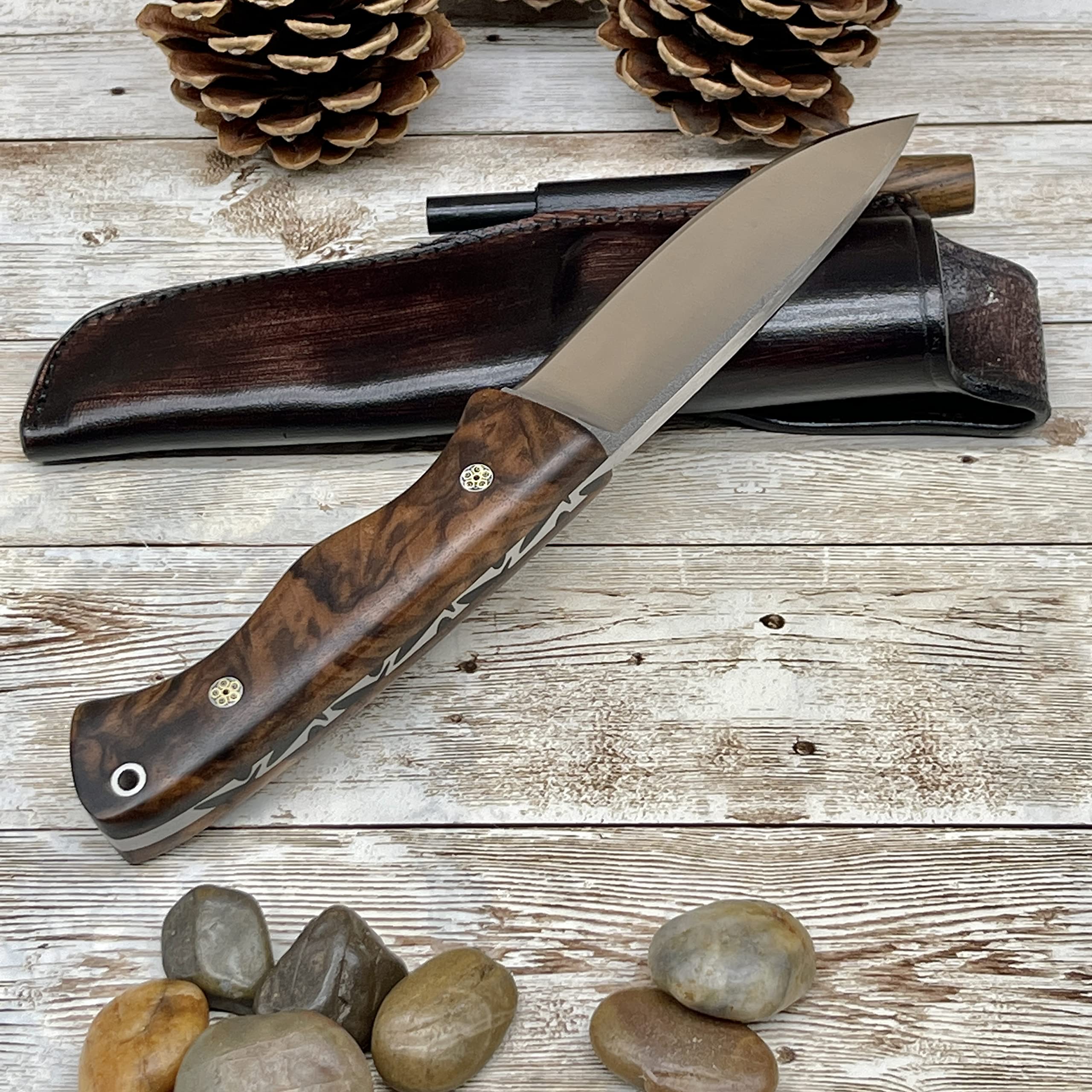 Handmade Fixed Blade Outdoor Knife with Sheath β Hunting, Bushcraft, Self Defense Bowie Knife β Tracker Knife with Wooden Handle & N690 German Bohler Steel Blade β Leather Sheath & Flint Rod Included