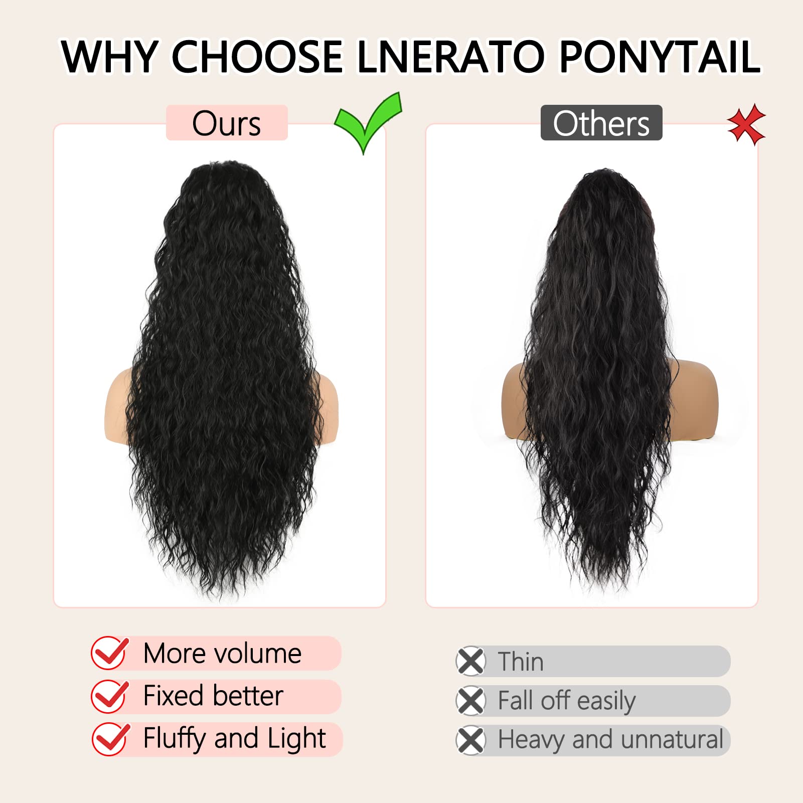 LNERATO Long Curly Drawstring Ponytail for Women 26" Black Curly Ponytail Hair Extension Synthetic Clips in Drawstring Ponytail for Daily Use (Natural Black)