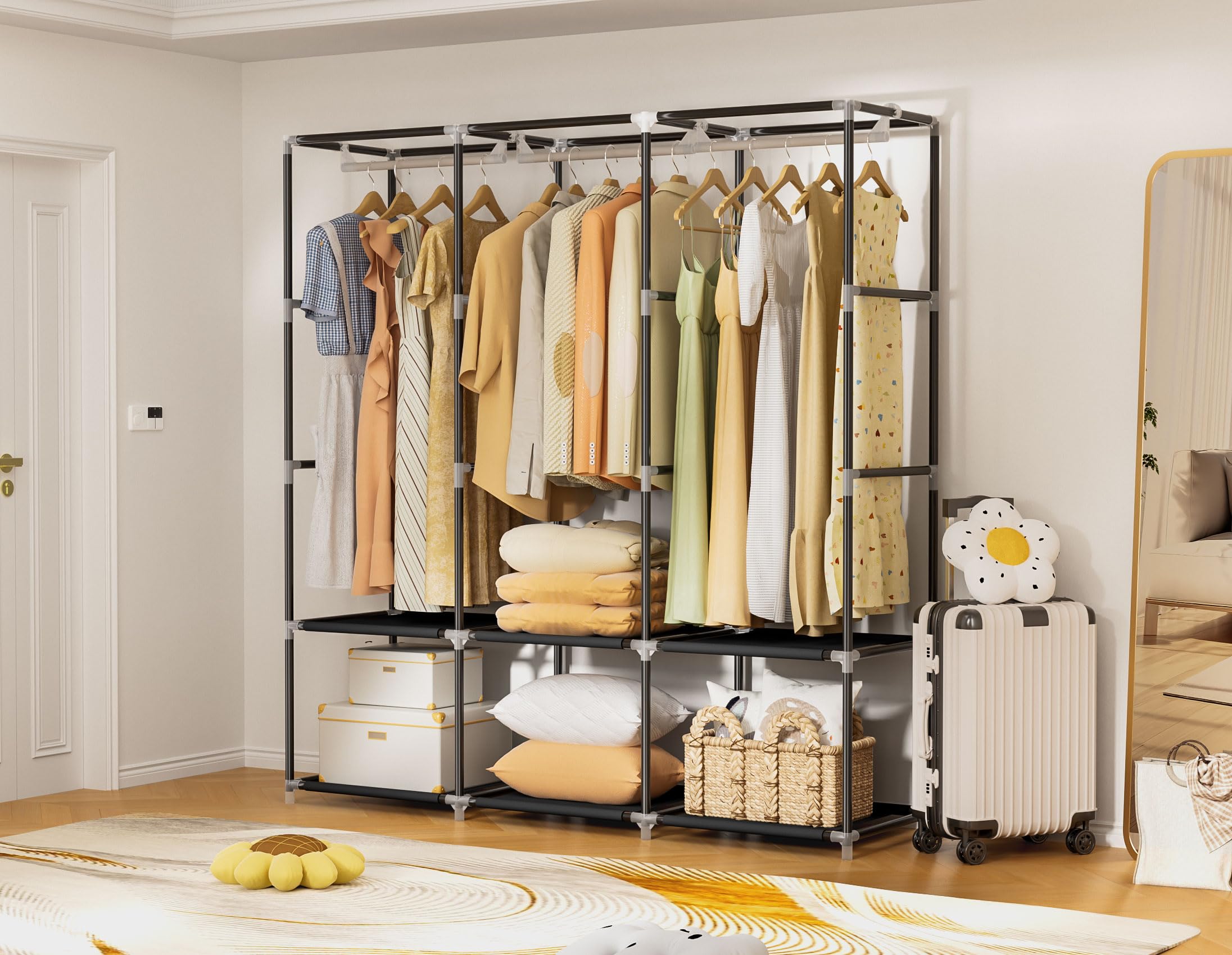Neatrays Wardrobe Closet,Portable Closets for Hanging Clothes,Free Standing Clothes Rack with Cover & 3 Hanging rods & 6 Storage Shelves & 2 Side Pockets