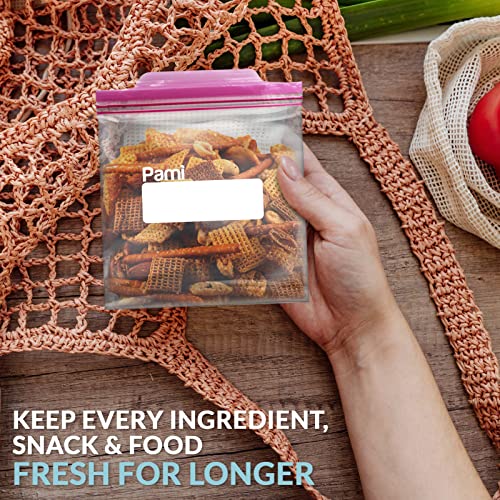 PAMI Double Zip Food Storage Quart Bags [75 Pieces] - Leakproof Freshness-Lock Bags With Expandable Bottom- Food-Safe Zipper Bags With Write On Label- Thick & Reusable Sandwich Bags