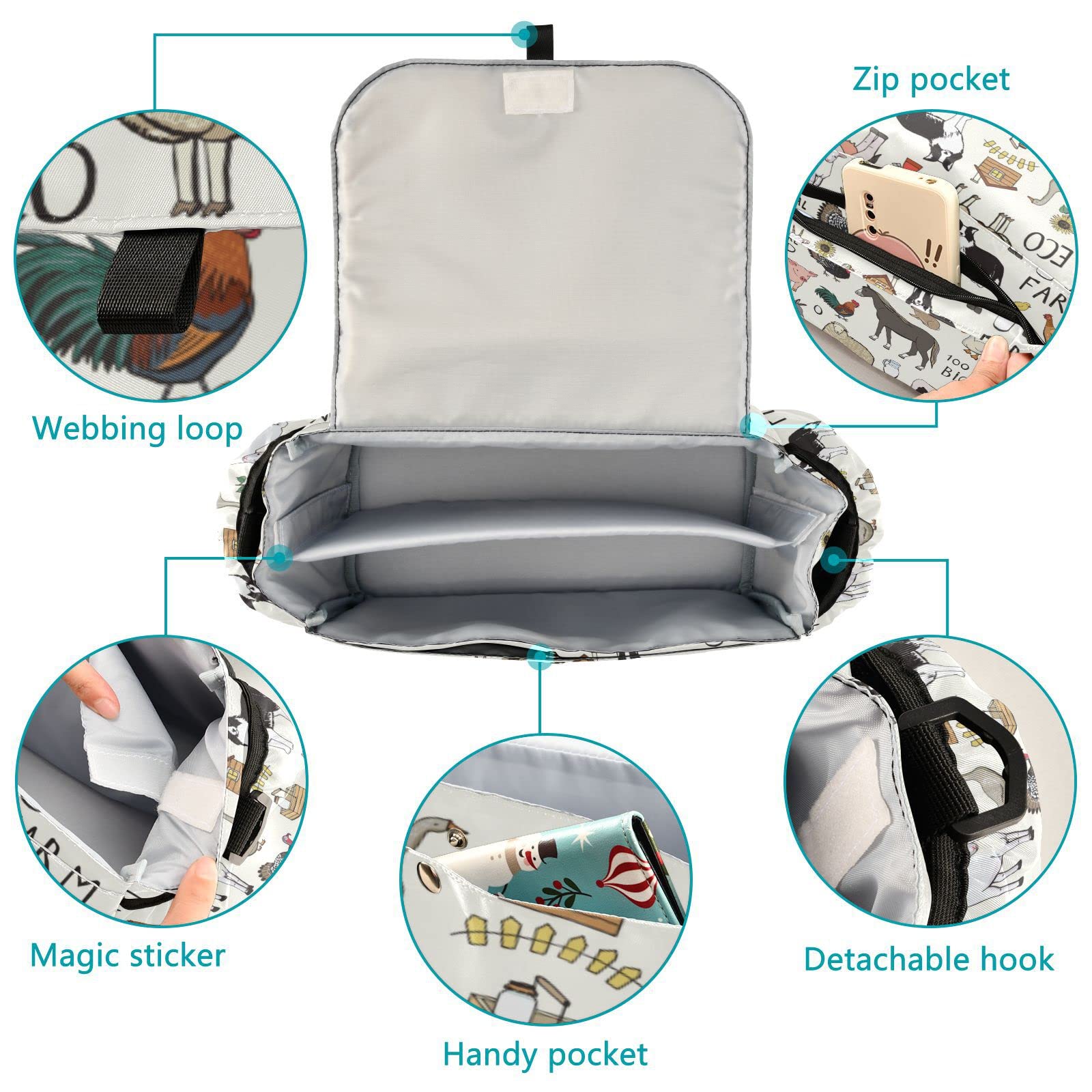 Kigai Farm Animals Baby Stroller Organizer with Cup Holders, Secure Hooks Accessories Adjustable Strap Stroller Bag for Bottle, Diaper, Phone, Toys, Baby Items