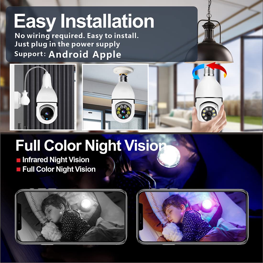OwLUCK Light Socket Security Camera 2.4GHz,Easy Installation,720p Motion Only Light Bulb Camera Full Color Night,Security Camera Light Bulb Outdoor,Motion Alarm,Compatible With Alexa & Google Home