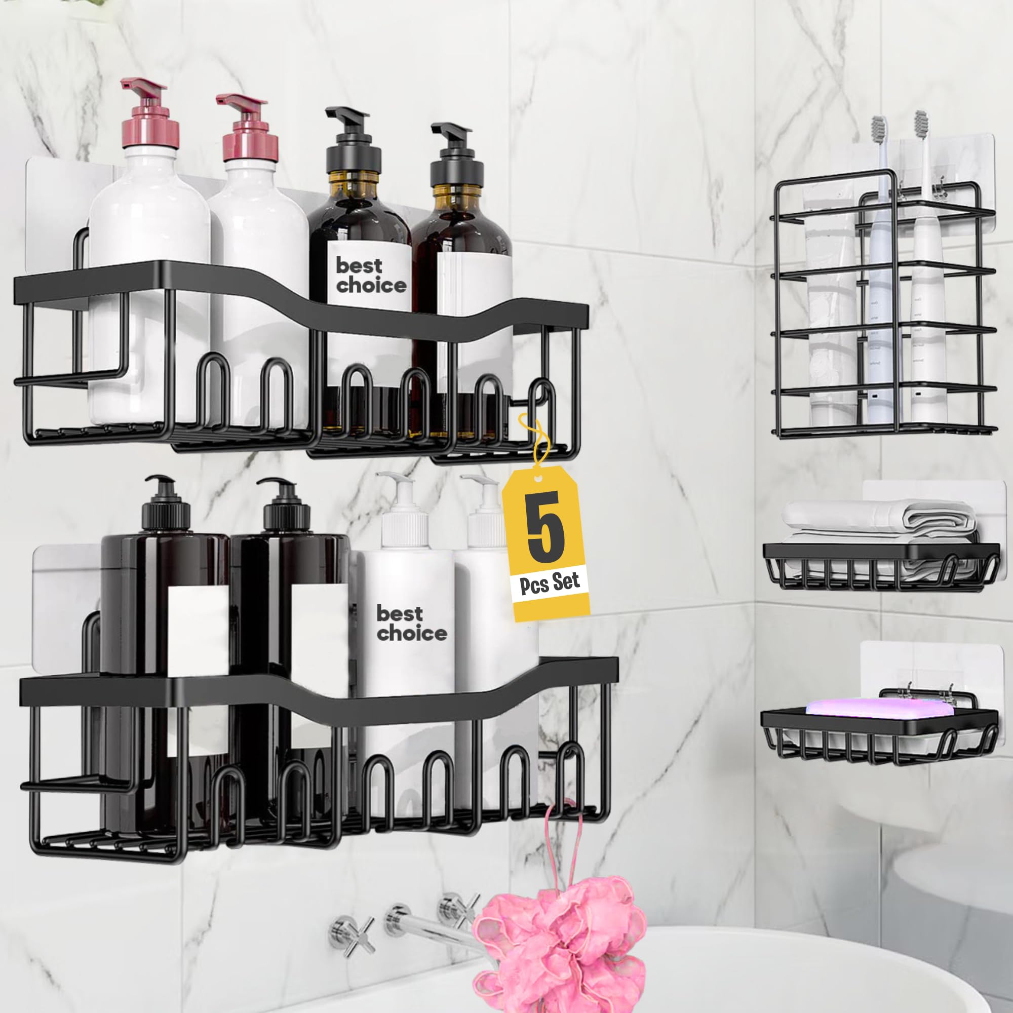 Shower Caddy Set of 5 – 2 Large Stainless Steel Shower Racks with 20 Hooks, 2 Soap Holders & 1 Toothbrush Holder