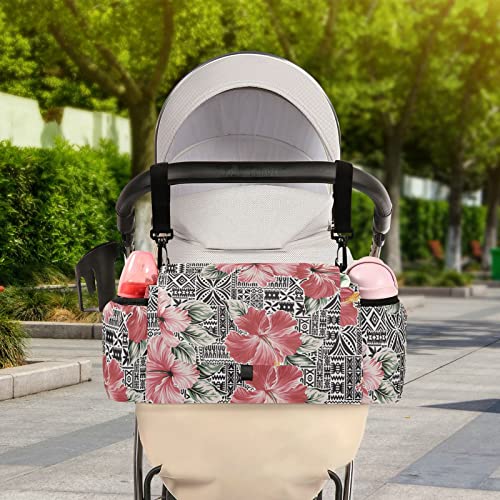Kigai Hibiscus and Hawaiian Tribal Baby Stroller Organizer with Cup Holders, Secure Hooks Accessories Adjustable Strap Stroller Bag for Bottle, Diaper, Phone, Toys, Baby Items