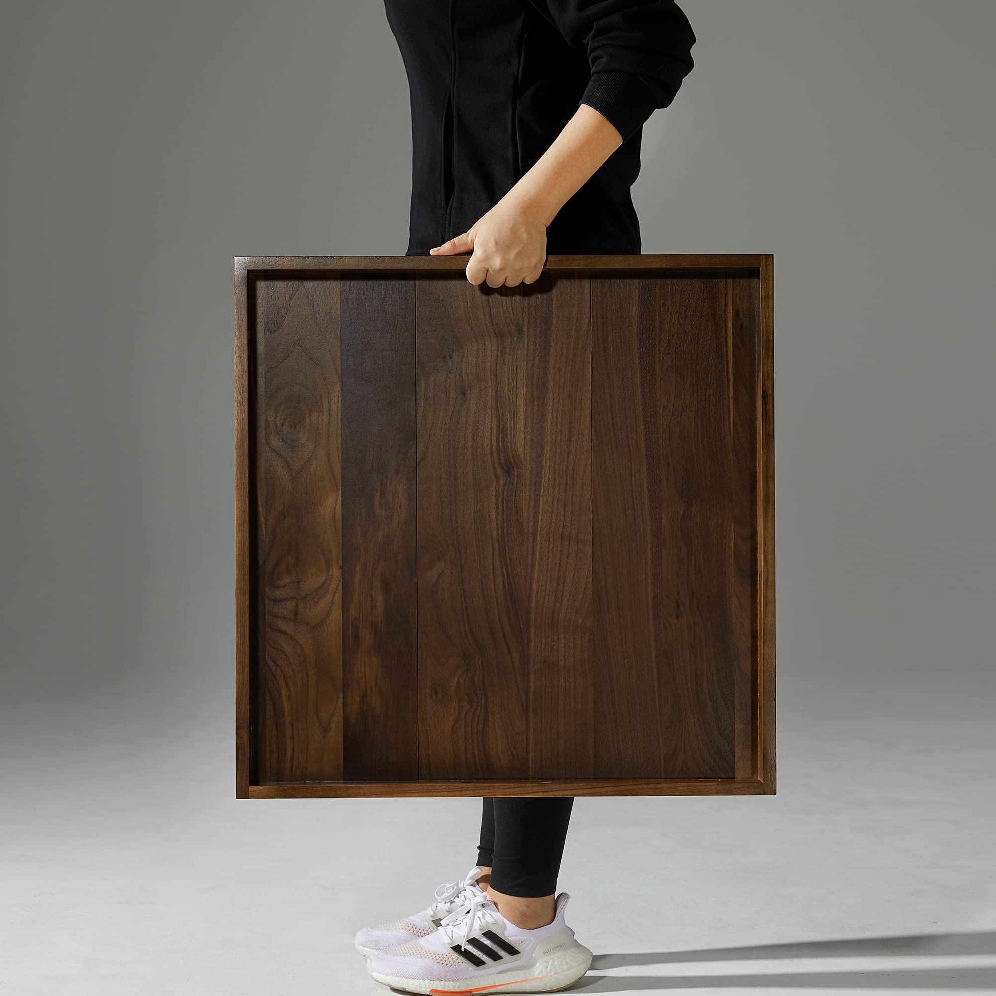KINGCRAFT 24 x 24 inches Black Walnut Extra Large Ottoman Tray Wood Trays with Handles Square Wooden Solid Serving Tray for Oversized Ottoman Living Room