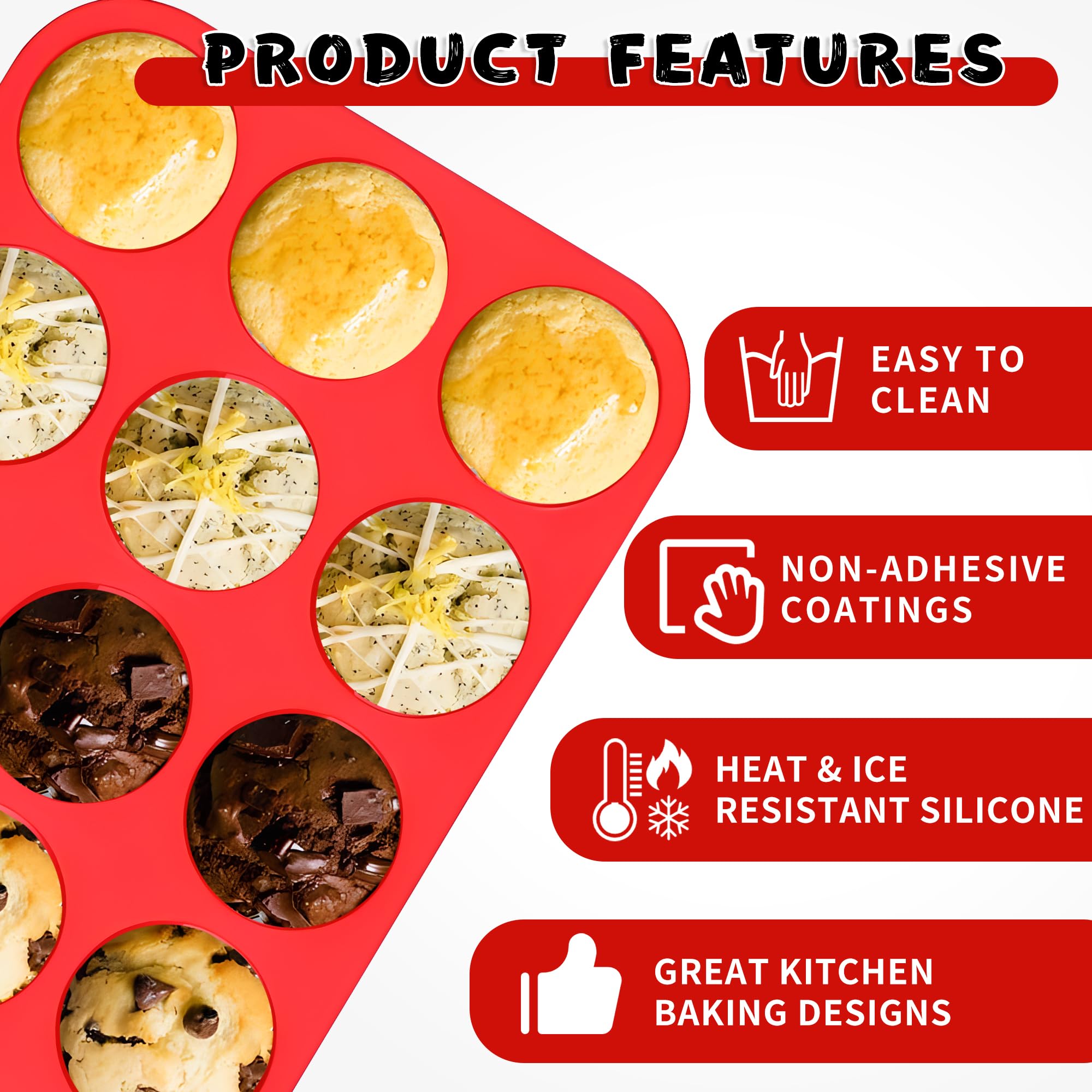 Keliwa 12 Cup Silicone Muffin - Cupcake Baking Pan / Non - Stick Silicone Mold / Dishwasher - Microwave Safe