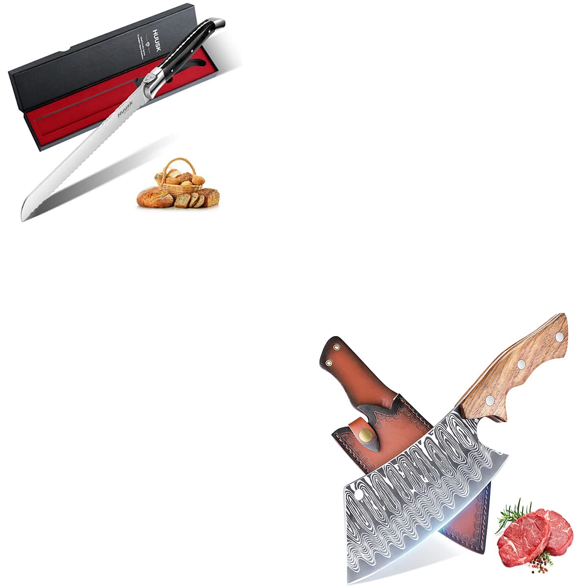 Huusk Japan Knife Bundle with Chef Serrated Bread Knife for Homemade Bread