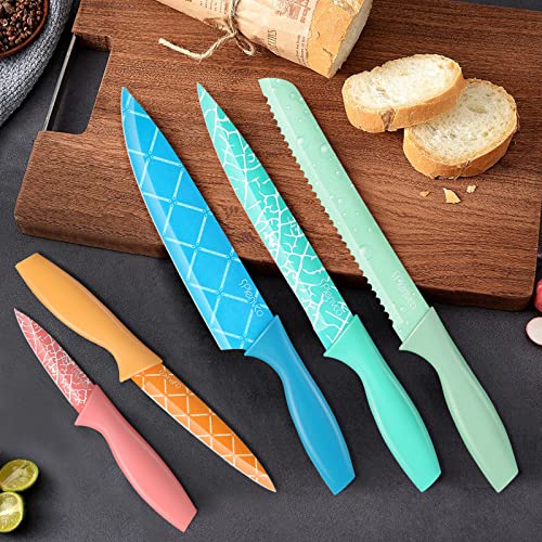 Knife Set, Kitchen Knife Set with Blade Guards, 5 Piece Colorful Knife Set, Stainless Steel Knives Set for Kitchen with Chef Knife, Santoku Knife, Slice Knife, Utility Knife, Paring Knife