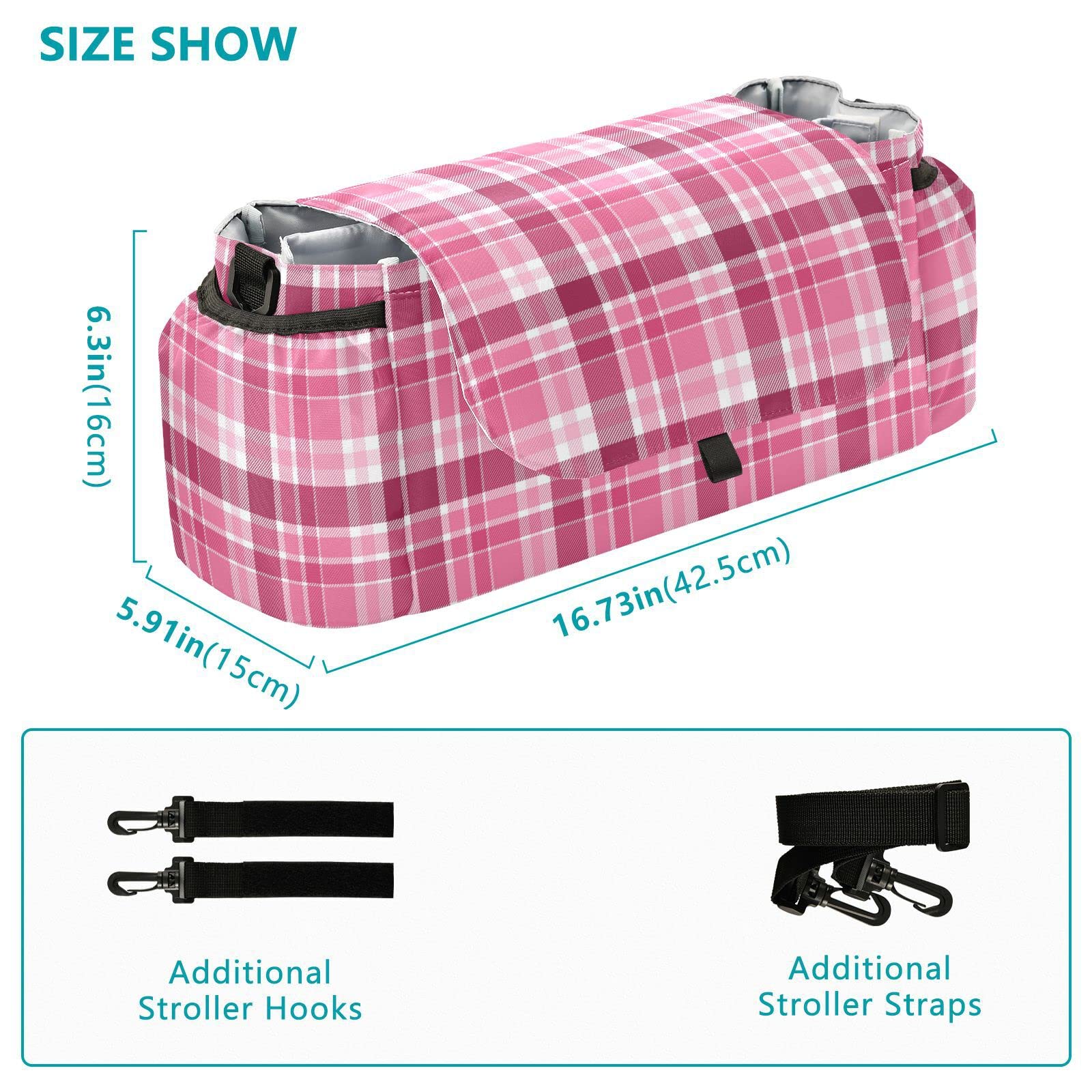 Kigai Pink Buffalo Plaid Baby Stroller Organizer with Cup Holders, Secure Hooks Accessories Adjustable Strap Stroller Bag for Bottle, Diaper, Phone, Toys, Baby Items