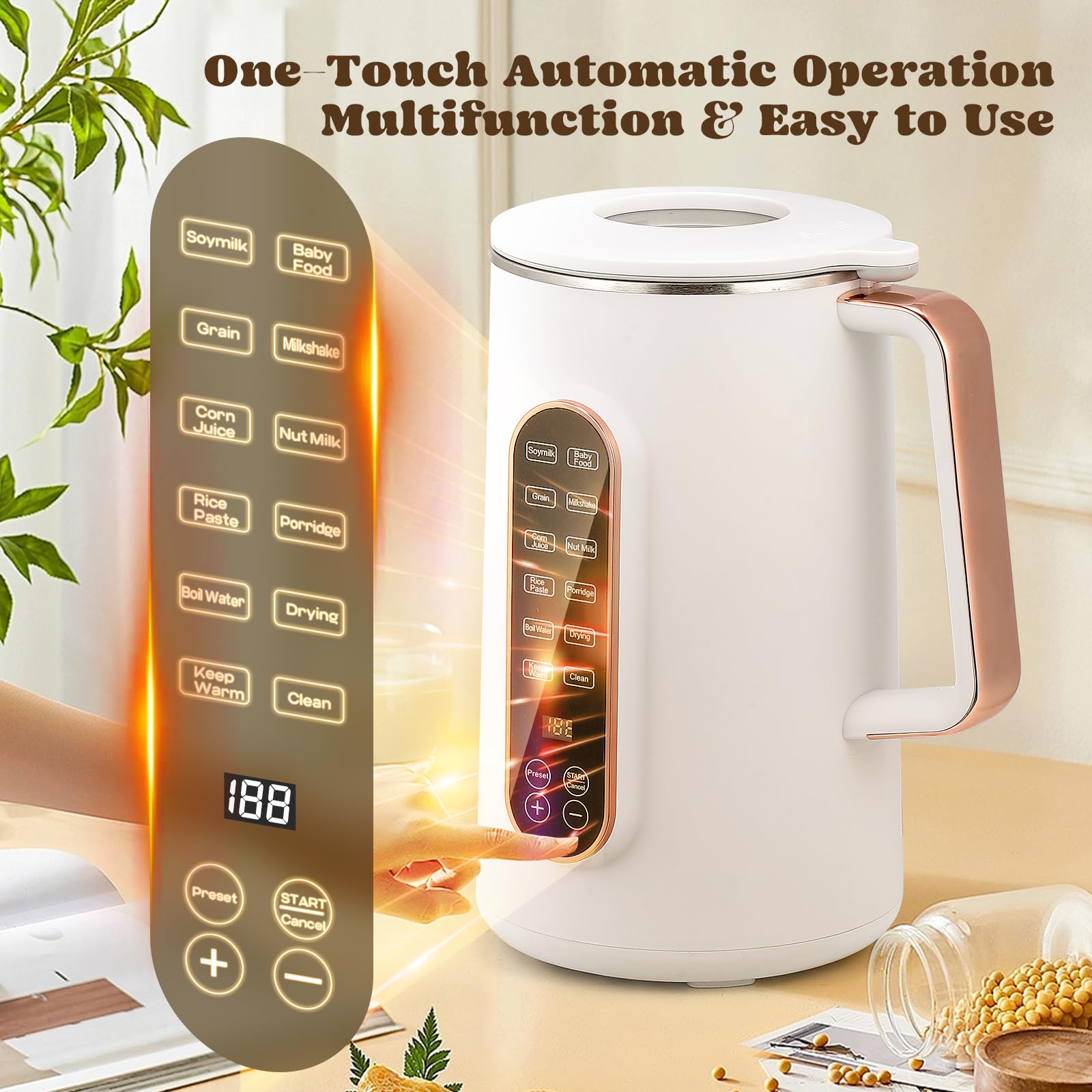 Moongiantgo 40oz Soy Milk Maker, 8-1 Automatic Almond Milk Maker Machine, Plant-Based Milk, Oat Milk, Dairy Free Beverages, 10 Blades Nut Milk Maker with 12h Delay Start/Keep Warm/Auto Clean (White)