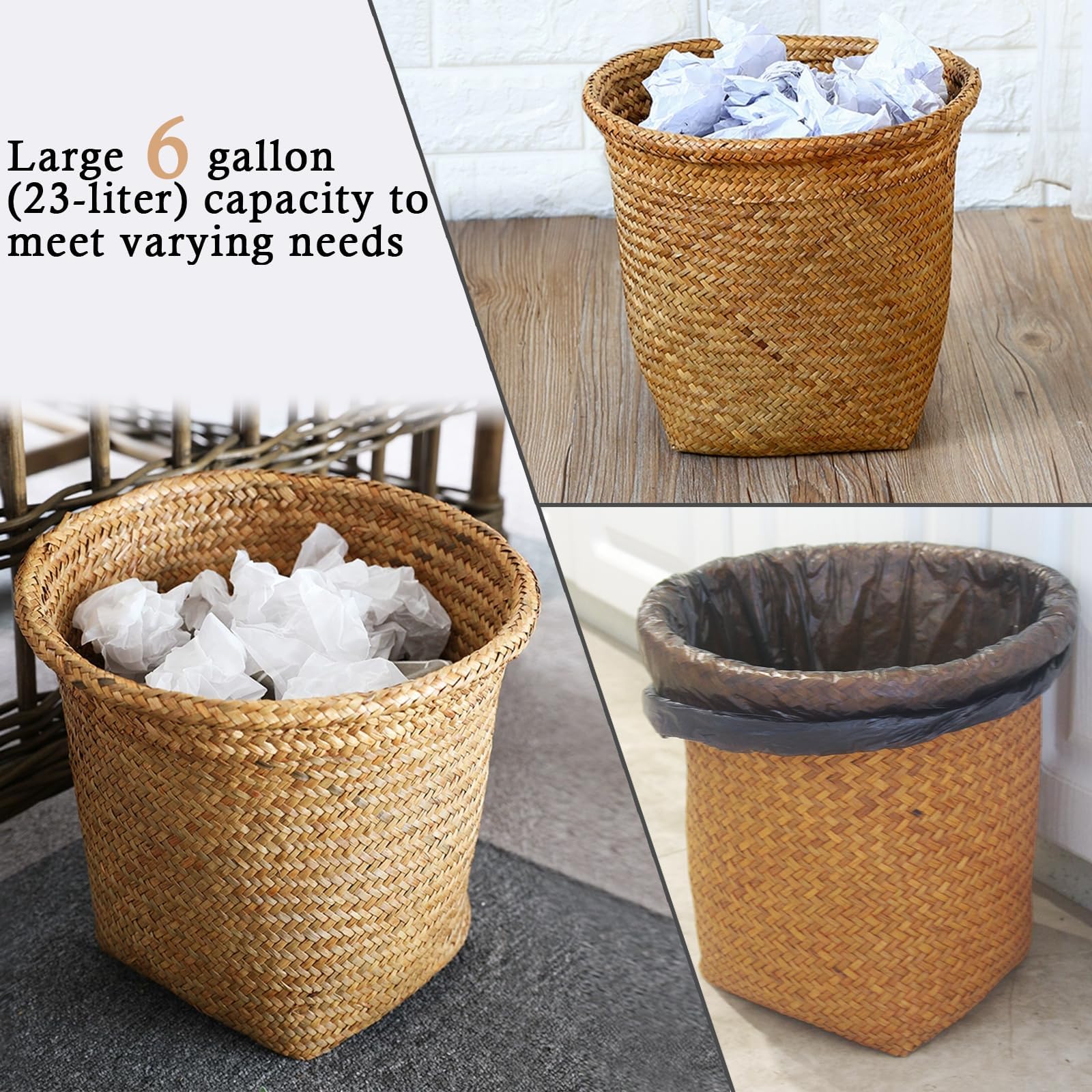 Natural Seagrass Woven Trash Can β 23L (6 Gal) Wicker Waste Basket for Bathroom, Living Room, Office Durable and Compact Design, Small Round Wastebasket Garbage Bin for Organizing and Home Decor