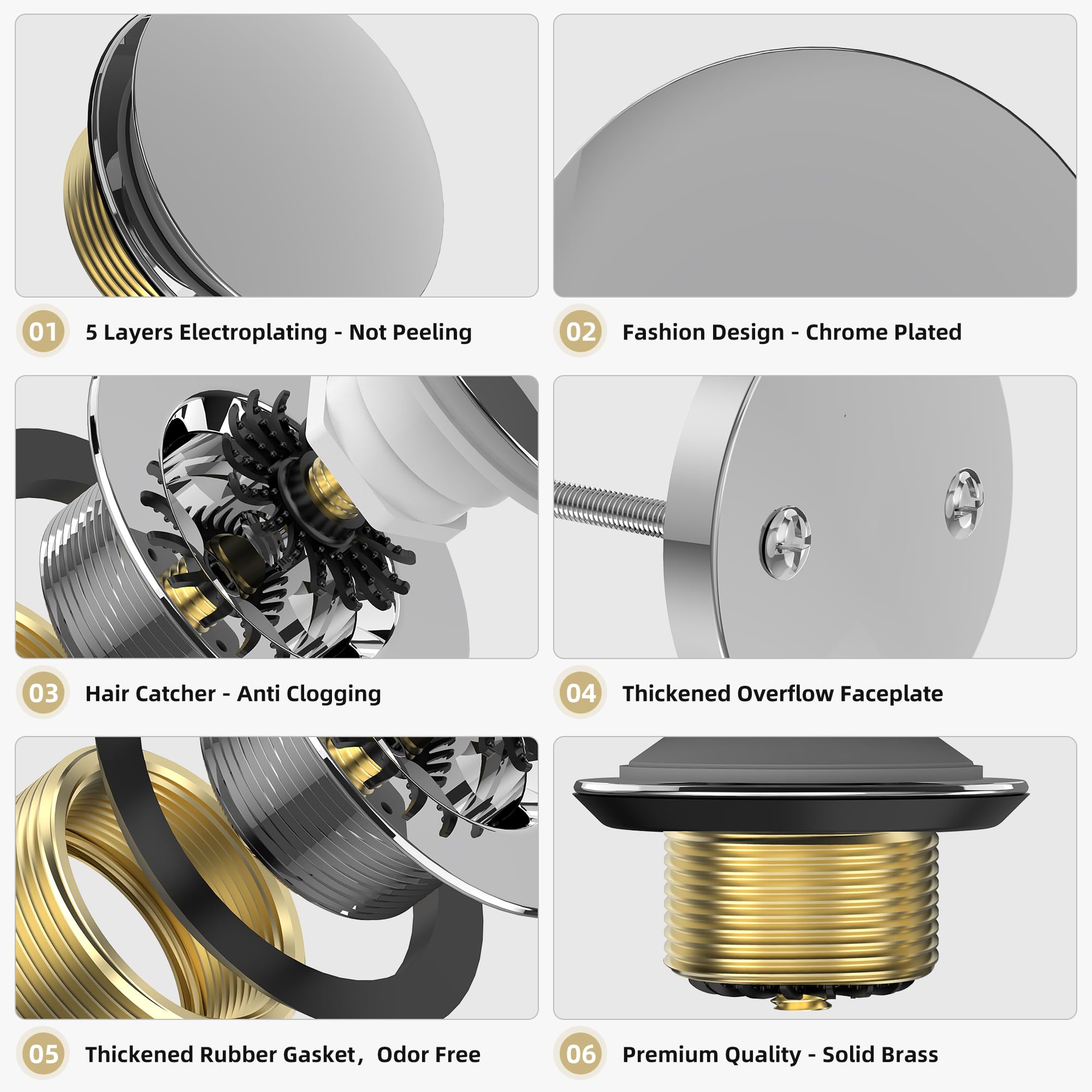 Sogmeter Chrome Plated Tub Drain Kit with Hair Catcher, Premium Brass Mushroom Tip-Toe Bathroom Tub Drain Replacement and 2-Hole Overflow Faceplate, 11.5/16 UNC Bathtub Drain Stopper Assembly