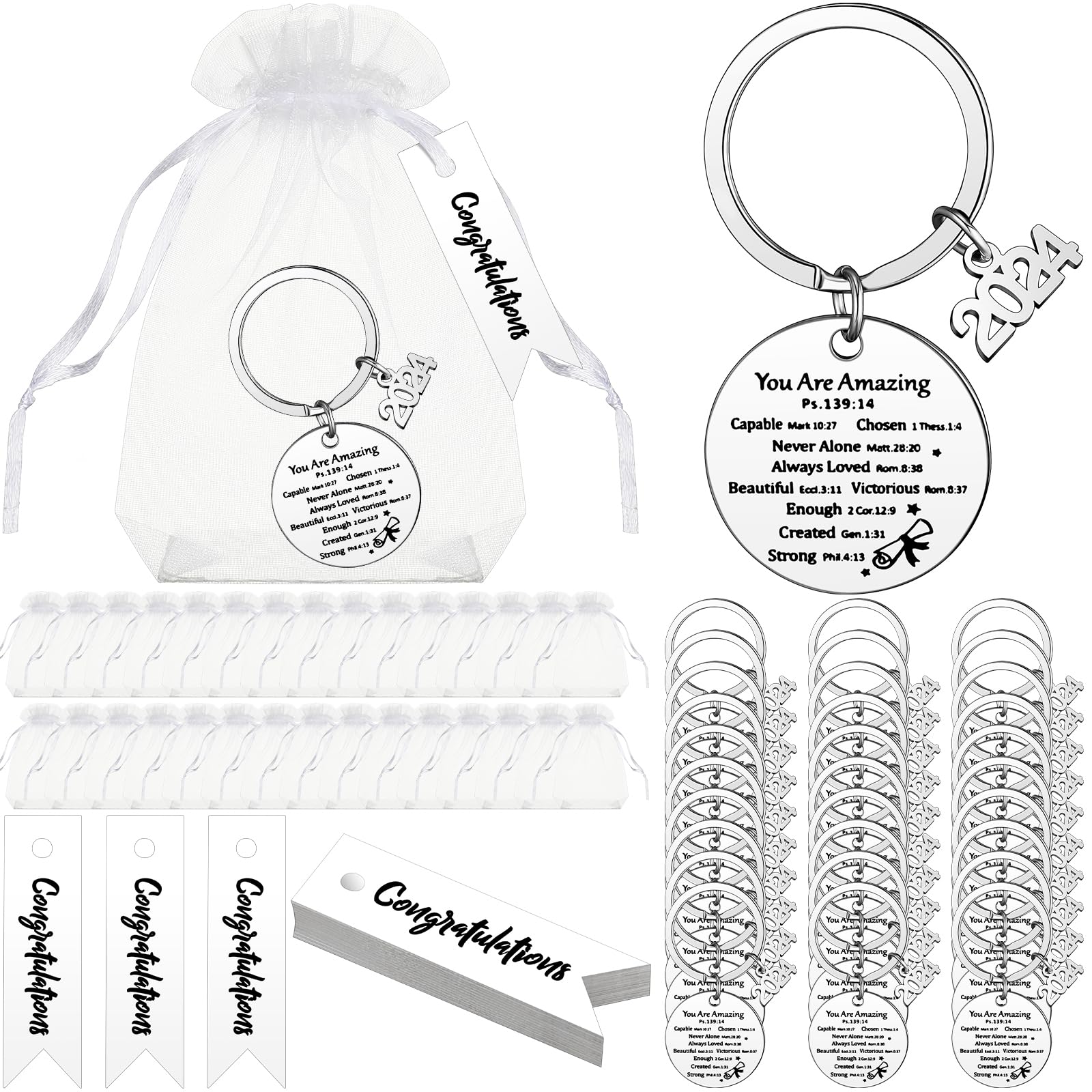 Kigeli 30 Pcs Class of 2024 Keychain Graduation Gift Keychain Bulk Inspirational Key Chain for Senior High School College (Bible)