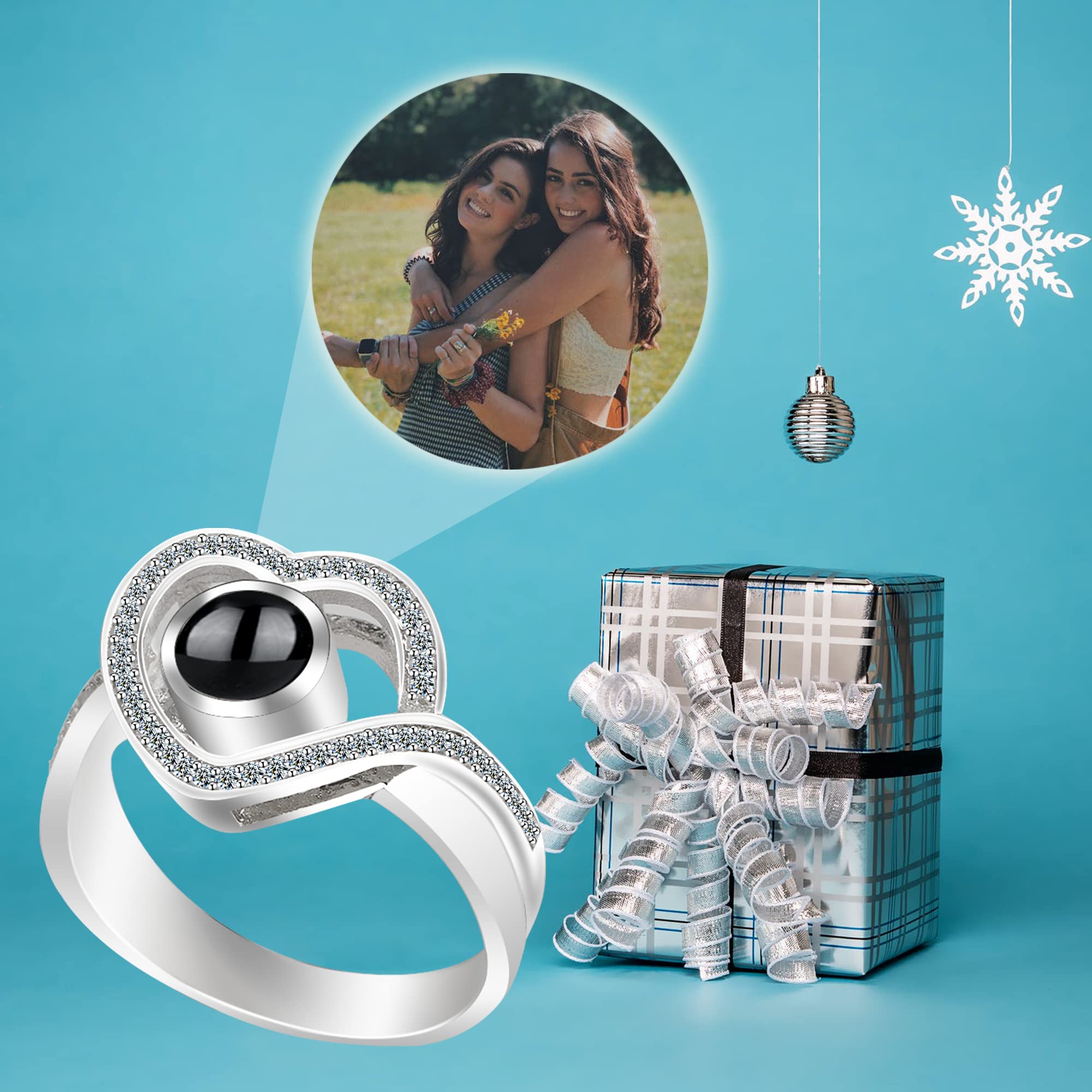 kindsnice Custom Photo Ring Personalized Projection Ring 925 Sterling Silver Heart Shaped Ring with Picture Inside I Love You 100 Language Heart Ring Wedding Band Engagement Ring for Women Mother