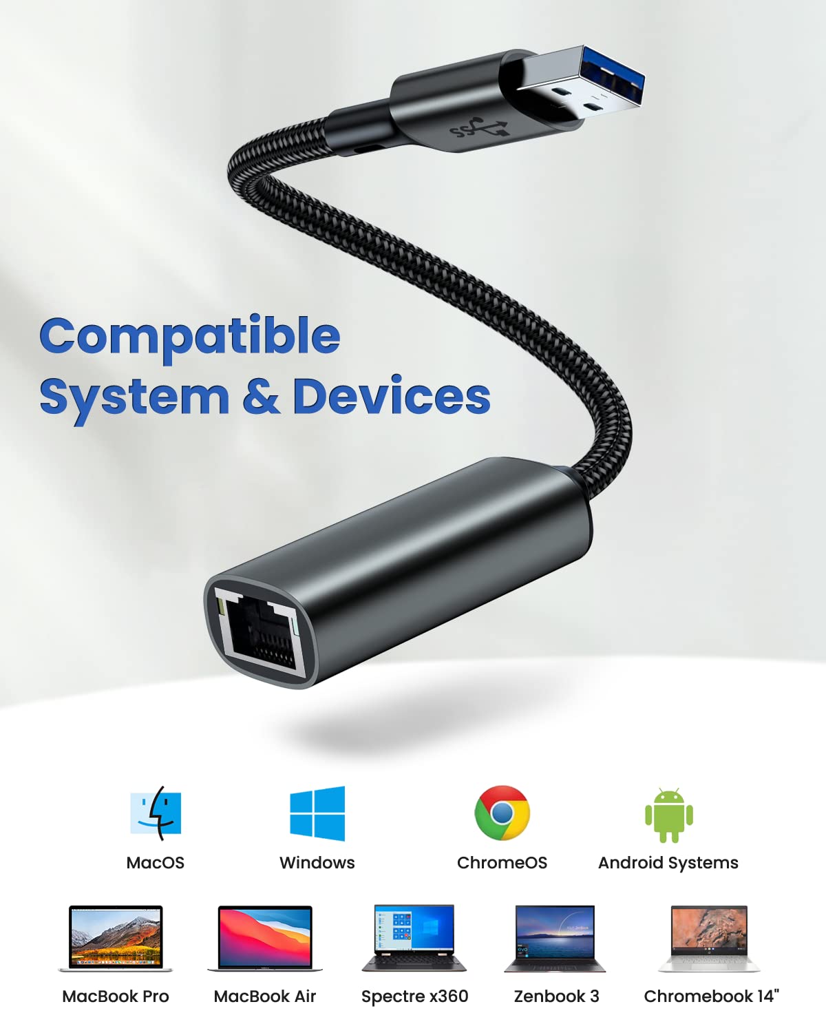 OQTIQ USB to Ethernet Adapter, Aluminum Portable USB 3.0 to Gigabit Ethernet LAN Network Adapter, RJ45 Internet Adapter Compatible with MacBook, Surface, Windows, XP, Vista, Linux and More