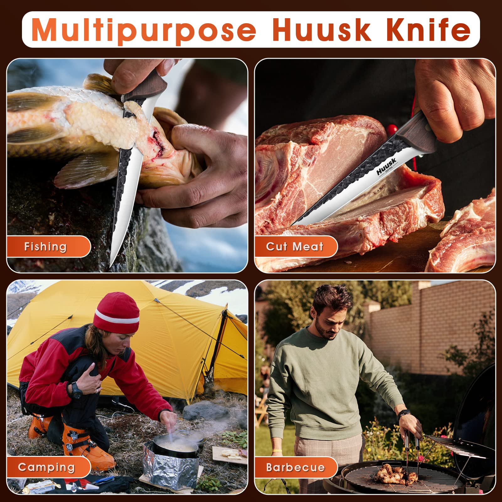 Huusk Viking Knives Hand Forged Boning Knife Bundle with Boning Knife for Meat Cutting