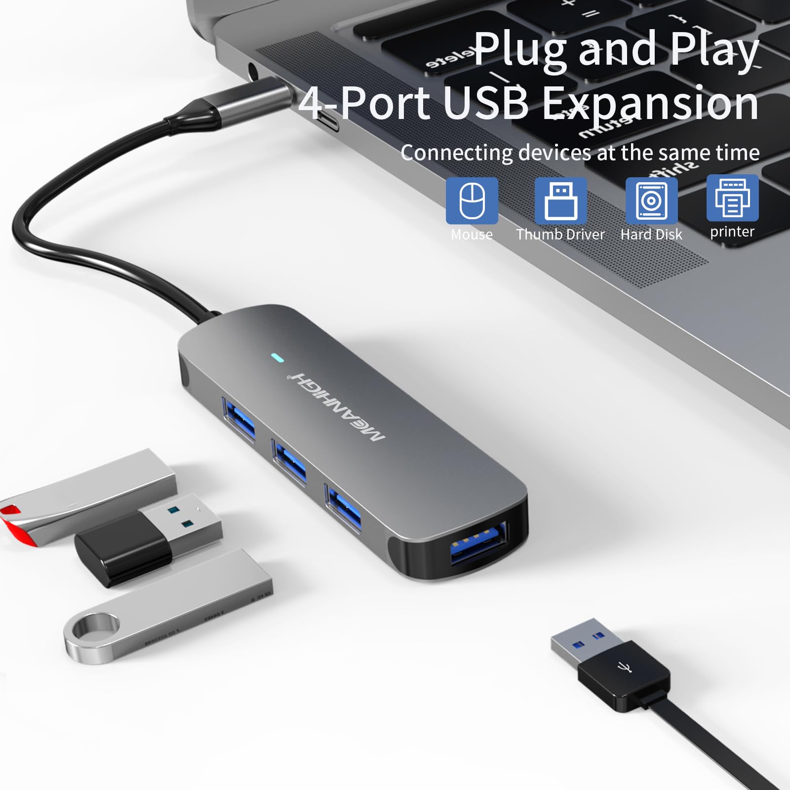 MEANHIGH USB C Hub 4-Port Type C 3.0 Adapter for Laptop USB Splitter USB C Docking Station Compatible with MacBook Mac Mini Surface Pro PS4 PC Flash Drive Mobile HDD